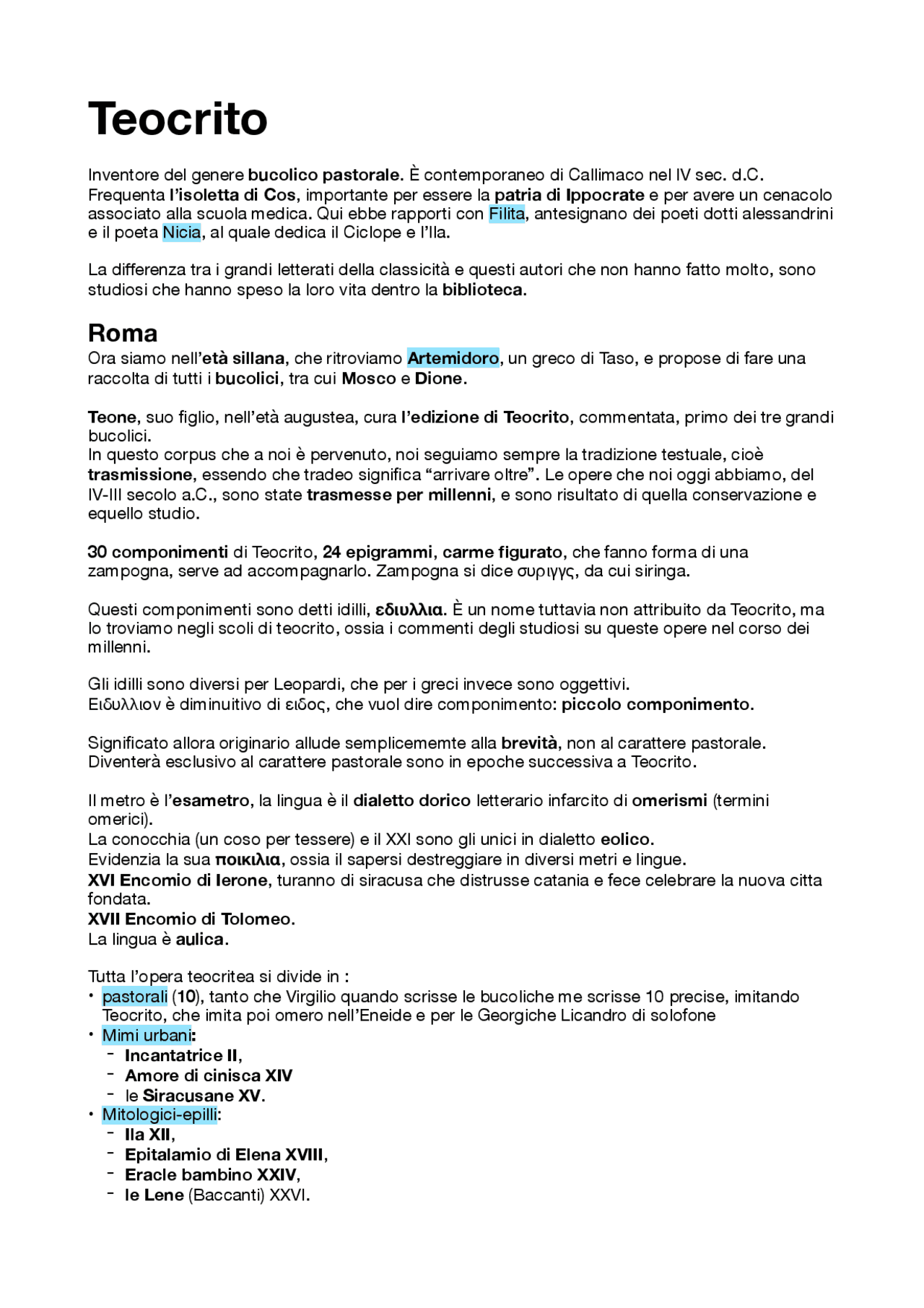 Teocrito Vita E Opere Appunti Di Greco Docsity