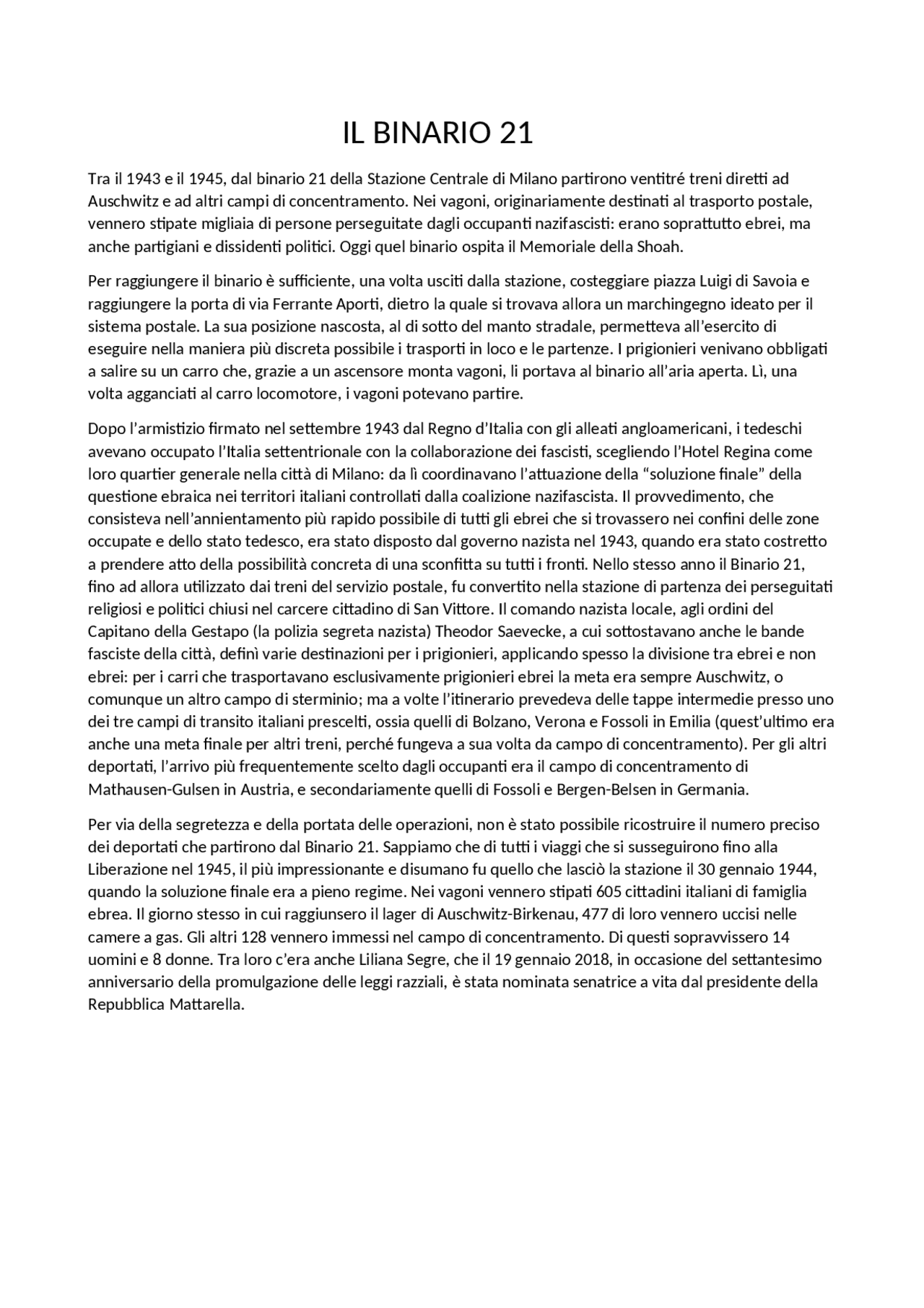 Il binario 21 e la storia di liliana segre | Guide, Progetti e Ricerche di Diritto | Docsity