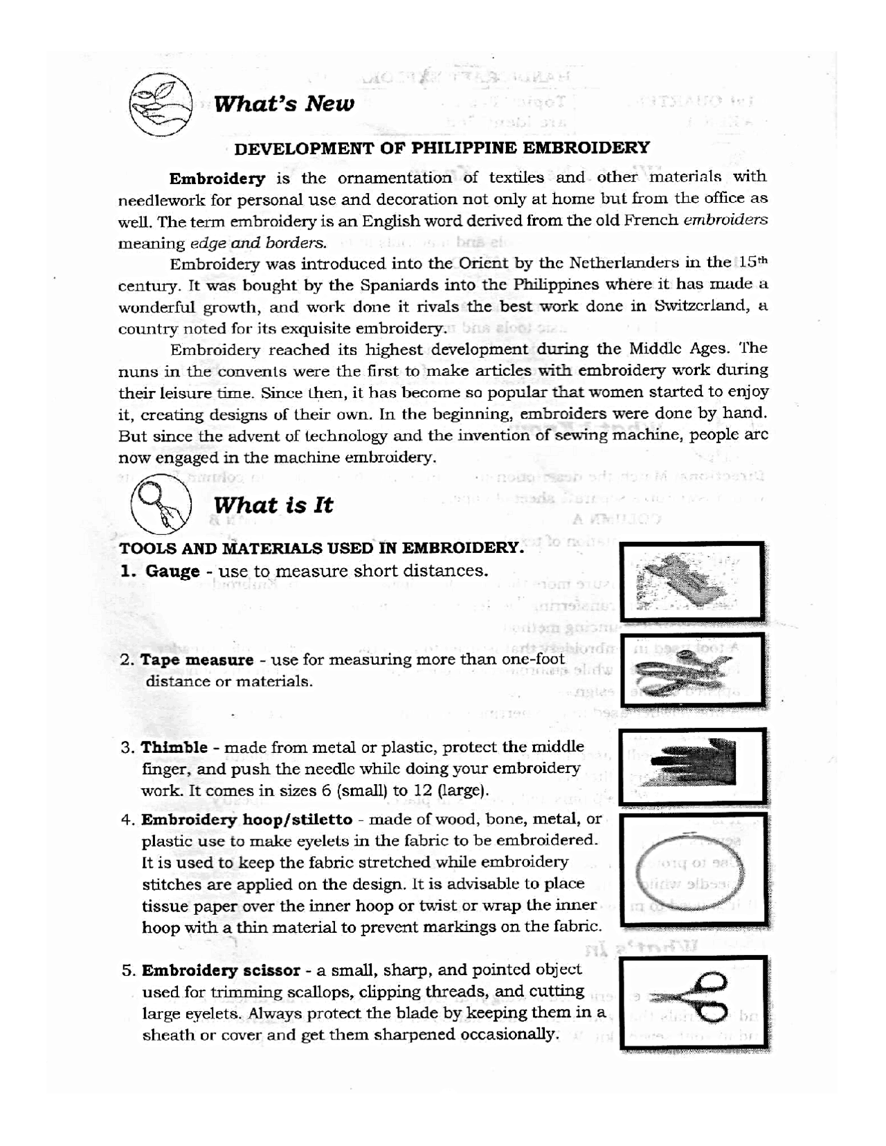 Tools and Materials used in Embroidery | Study notes Art | Docsity