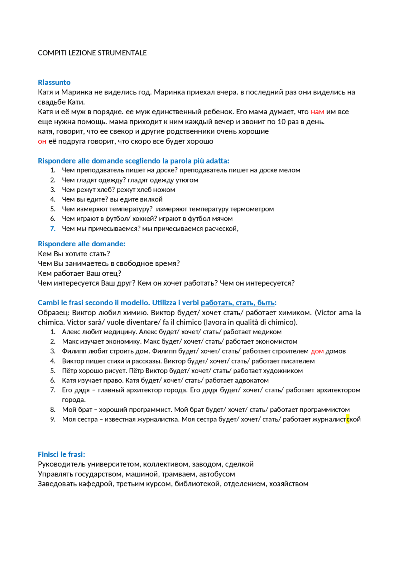 Strumentale compiti russo | Esercizi di Lingua Russa | Docsity