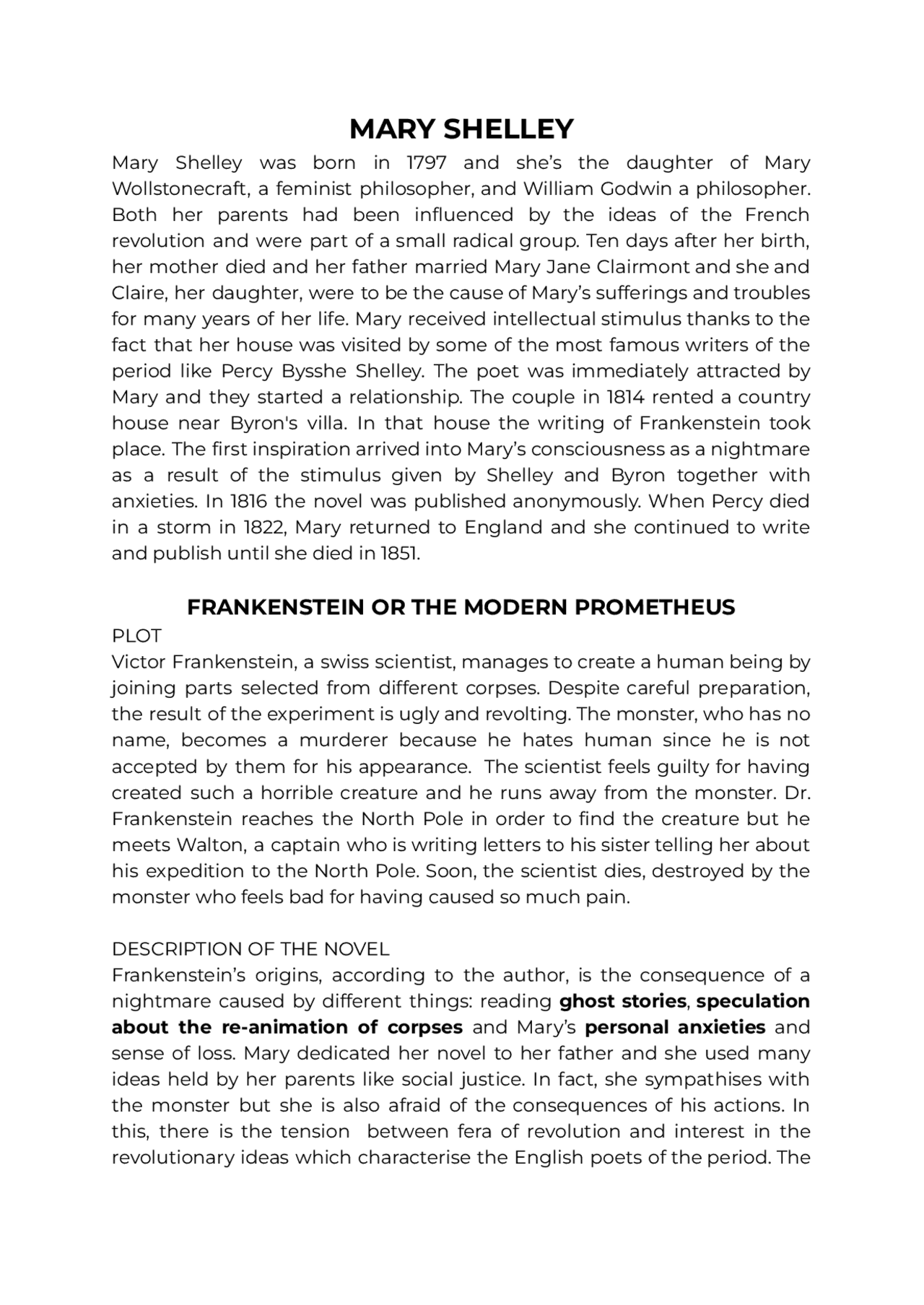 Riassunto Mary Shelley | Appunti di Inglese | Docsity