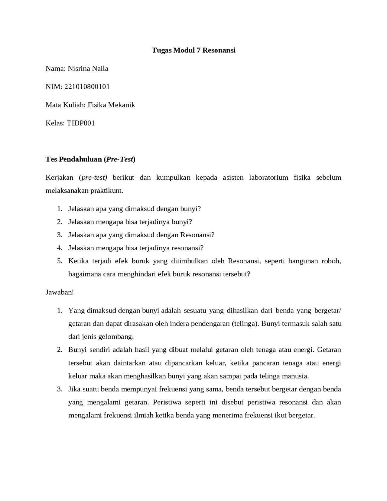 Resonansi - Fisika Mekanik | Assignments Physics | Docsity