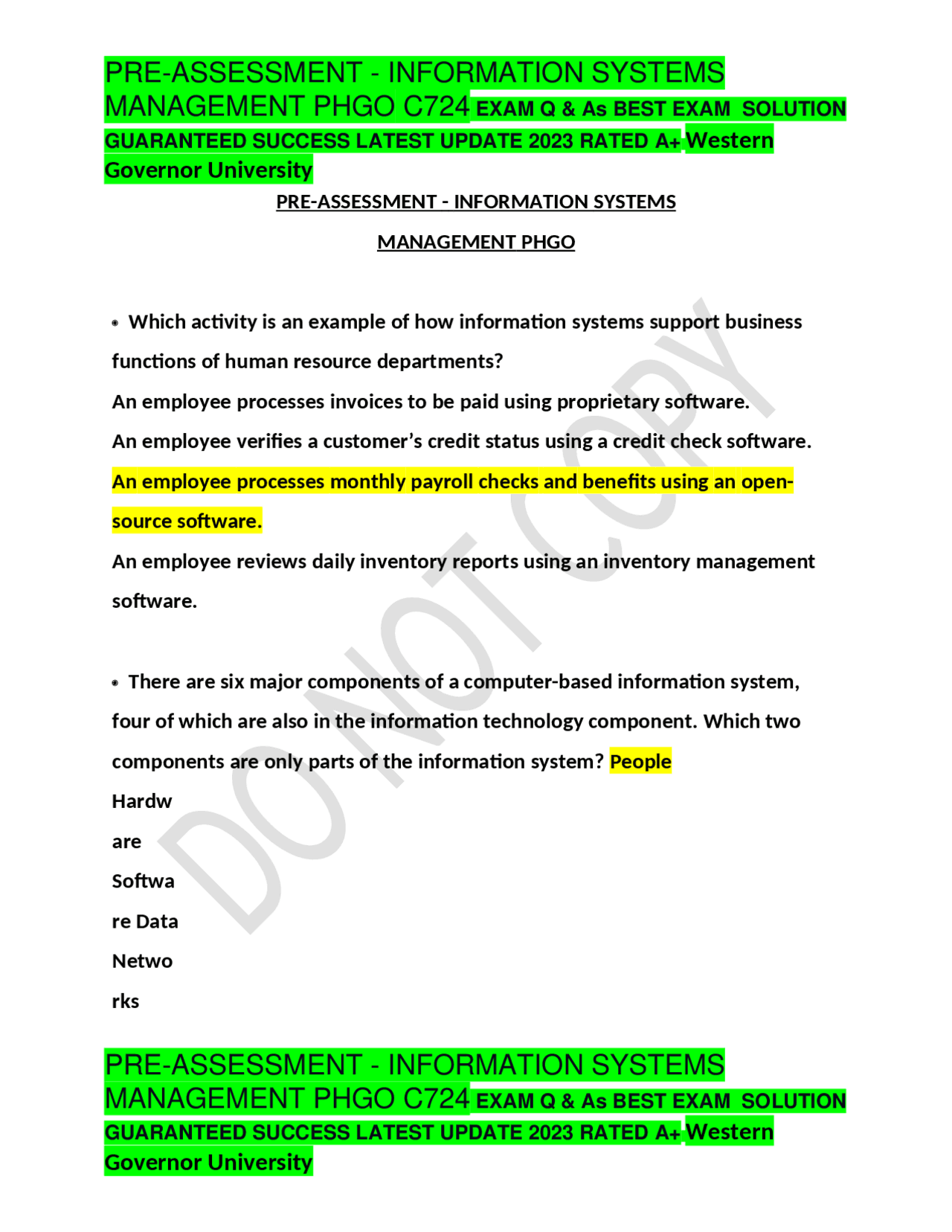 PRE-ASSESSMENT - INFORMATION SYSTEMS MANAGEMENT PHGO C724 EXAM Q & As ...
