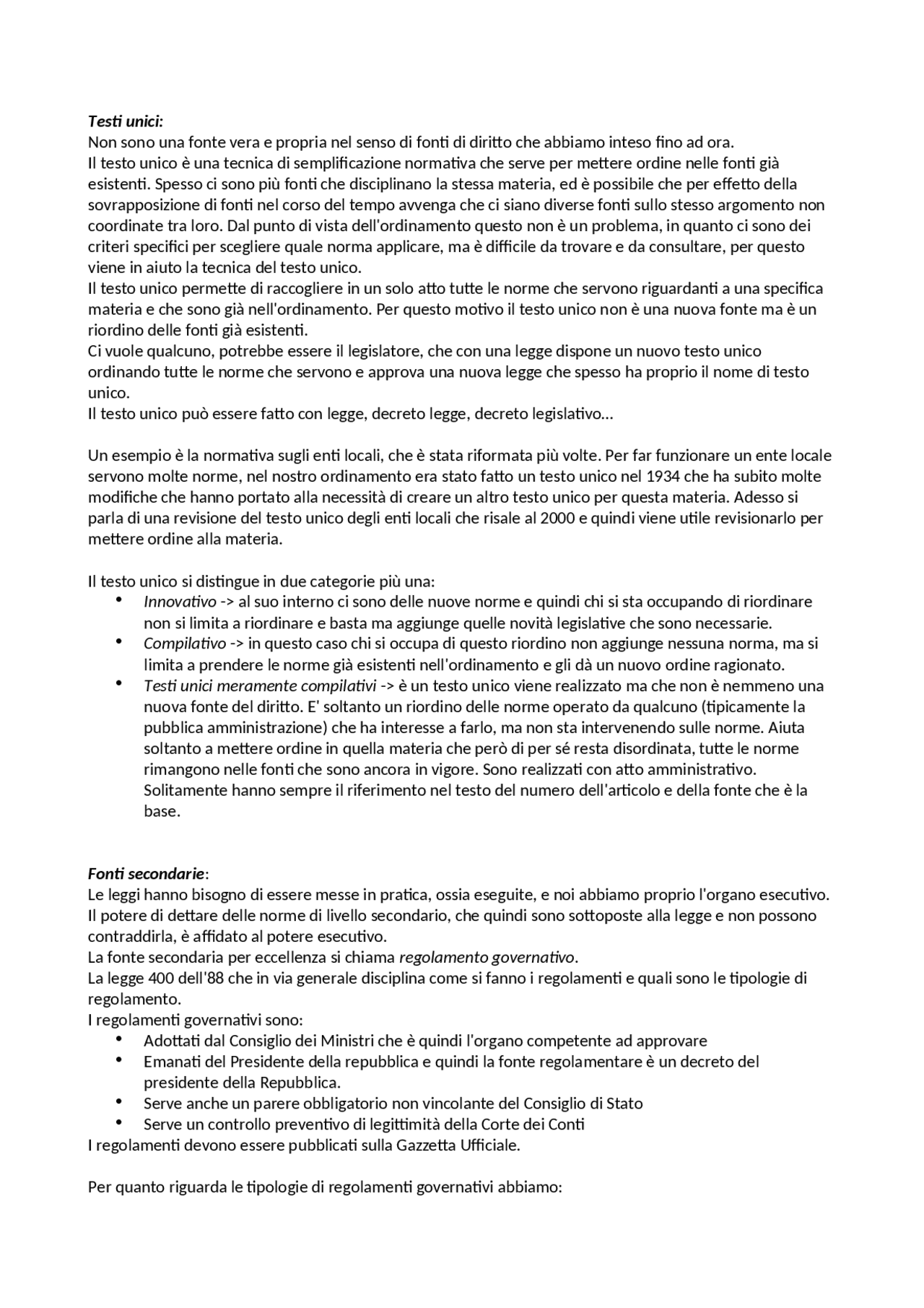 FONTI SECONDARIE DIRITTO ITALIANO | Appunti di Diritto Pubblico | Docsity