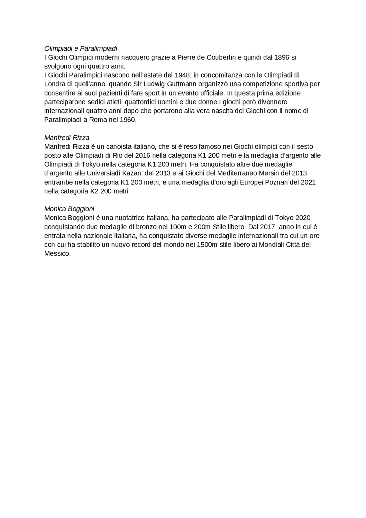 Sintesi sulle Olimpiadi con approfondimento sulla vita di Manfredi ...