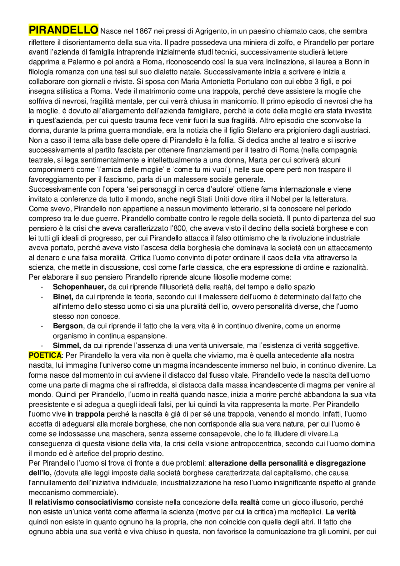 La vita e la poetica di Luigi Pirandello | Appunti di Lingue e letterature classiche | Docsity