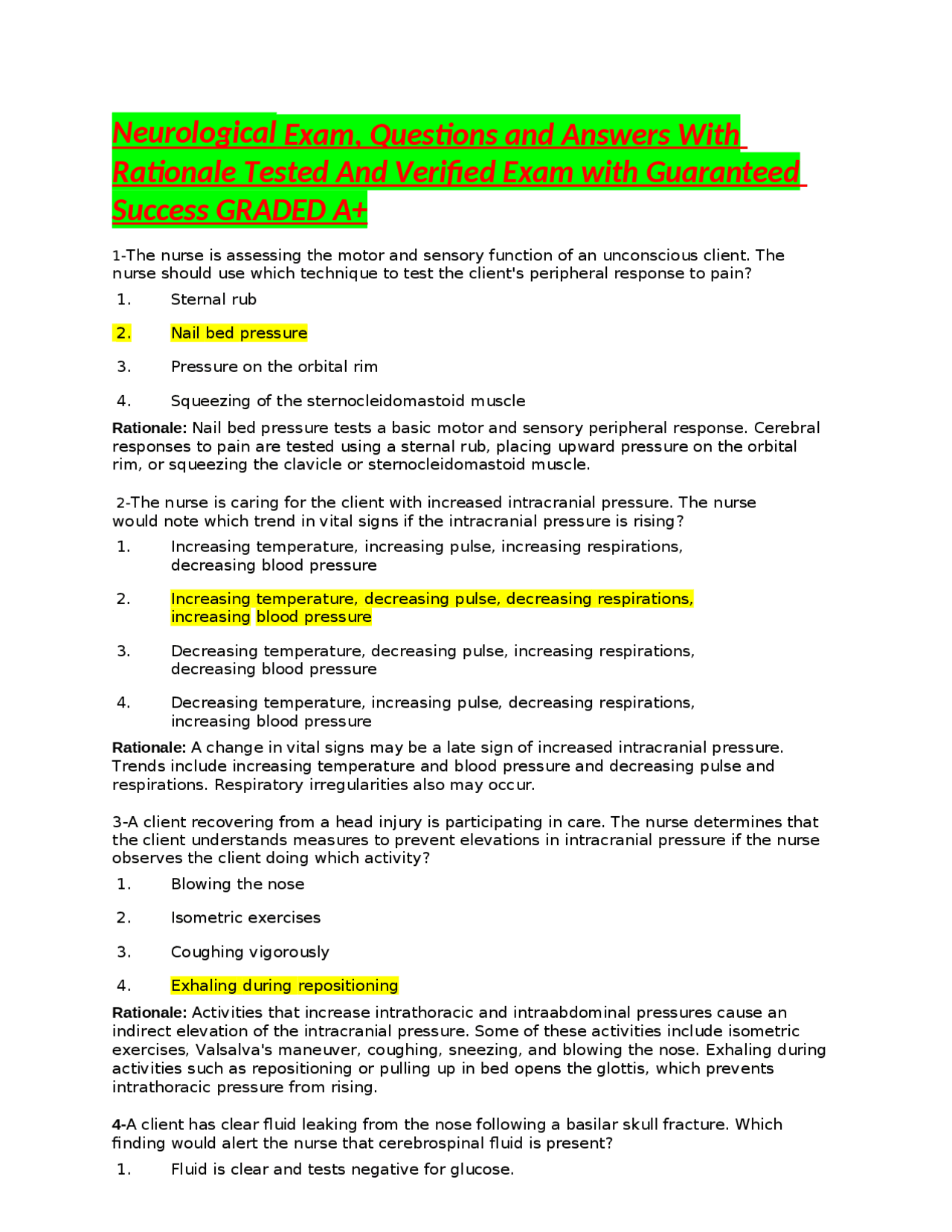 Neurological Exam, Questions and Answers With Rationale Tested And ...