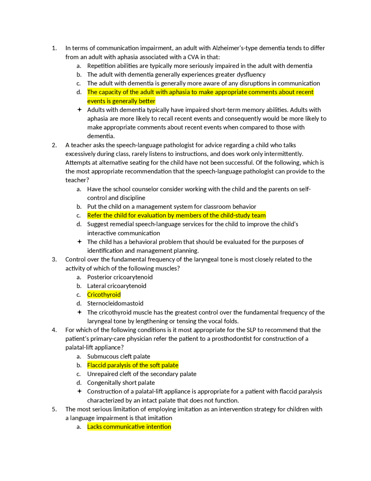 SLP Praxis exam questions with answers 1 | Exercises Speech-Language ...