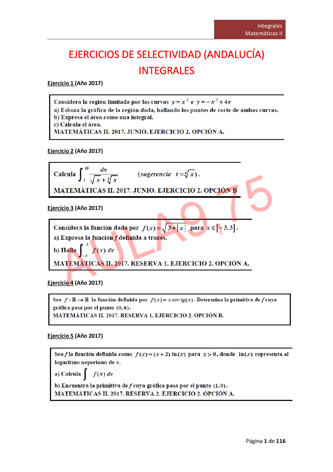 Ejercicios Integrales Exámenes Selectividad De Matemáticas Docsity