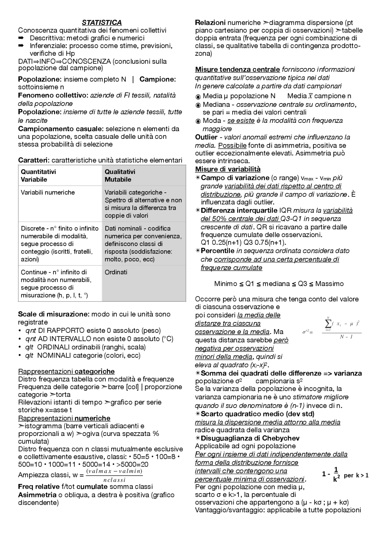 Statistica Schema Riassunto Preparatorio Allesame Sintesi Del Corso