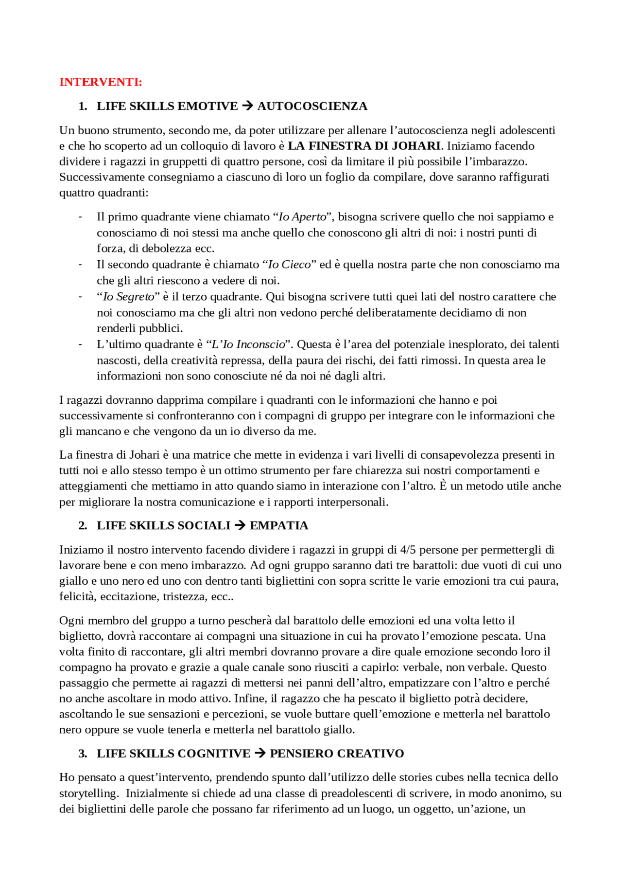 Esempi Di Interventi Esercizi Di Psicologia Generale Docsity