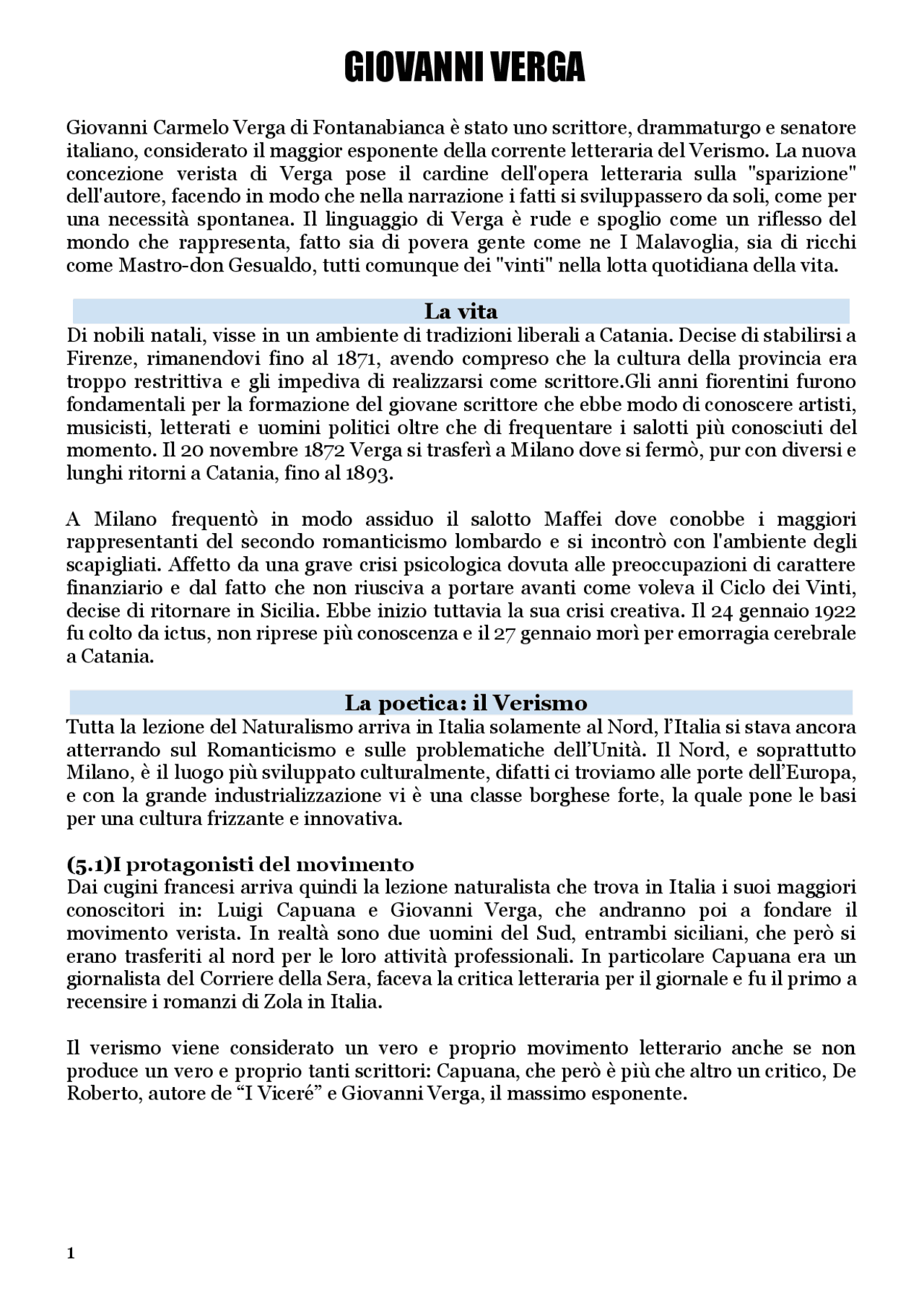 Giovanni Verga, verismo naturalismo e opere | Appunti di Italiano | Docsity