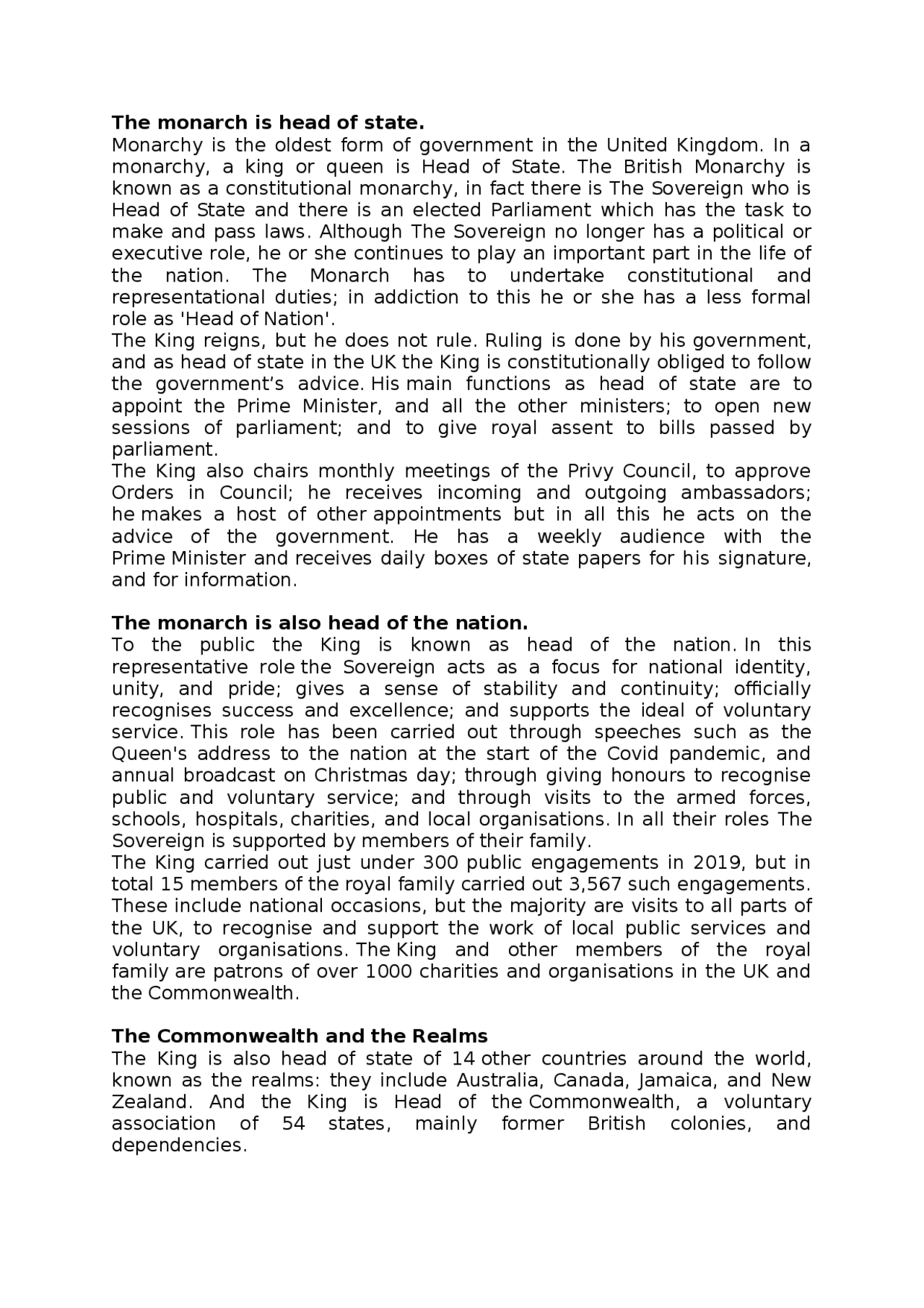 The role of the monarch | Appunti di Inglese | Docsity