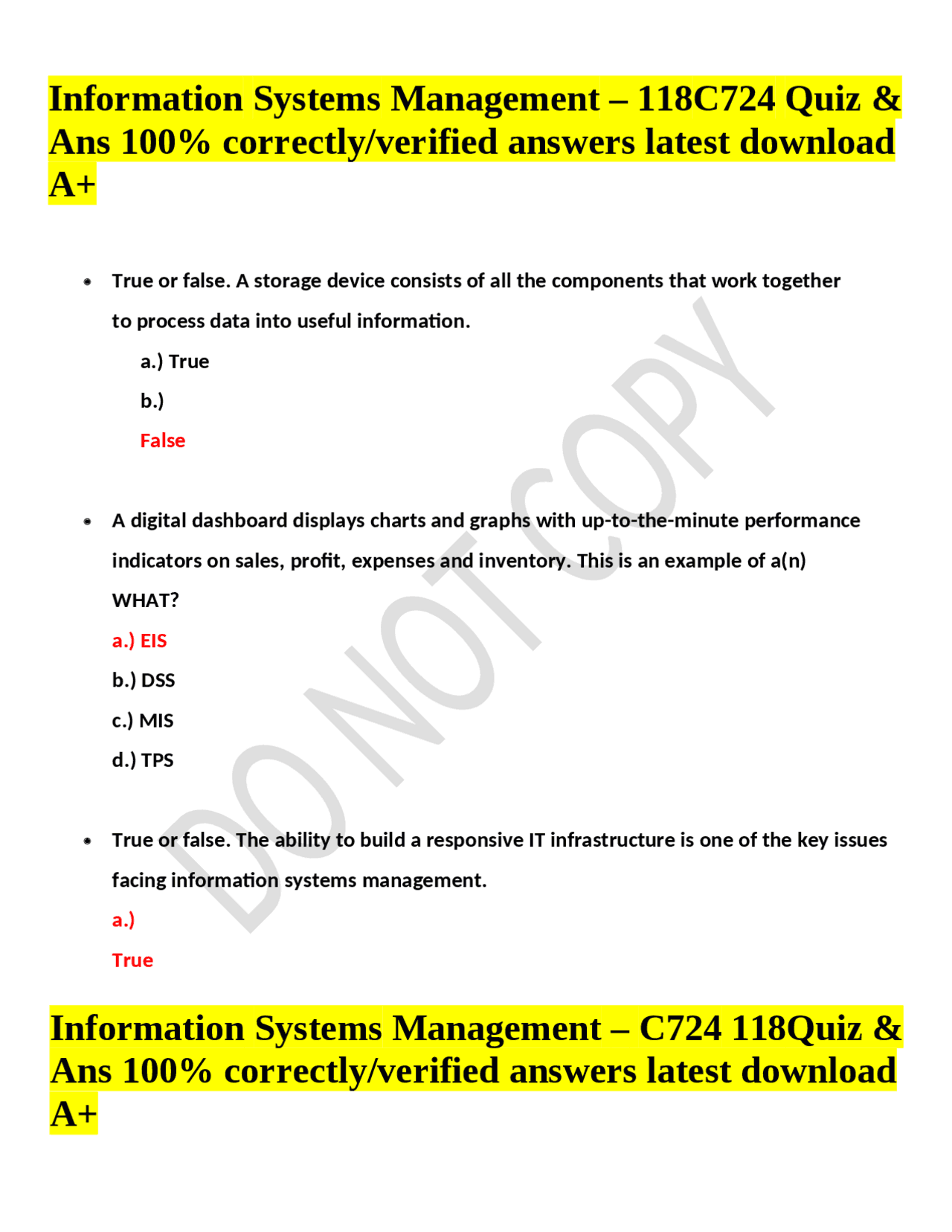 Information Systems Management – C724 118Quiz & Ans 100% correctly ...
