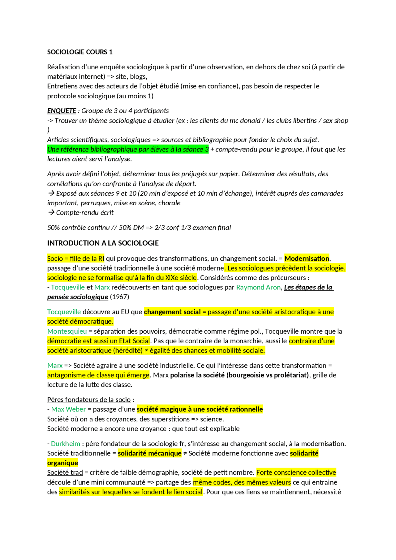 Cours De Td Sur Le Semestre Notes Sociologie Docsity