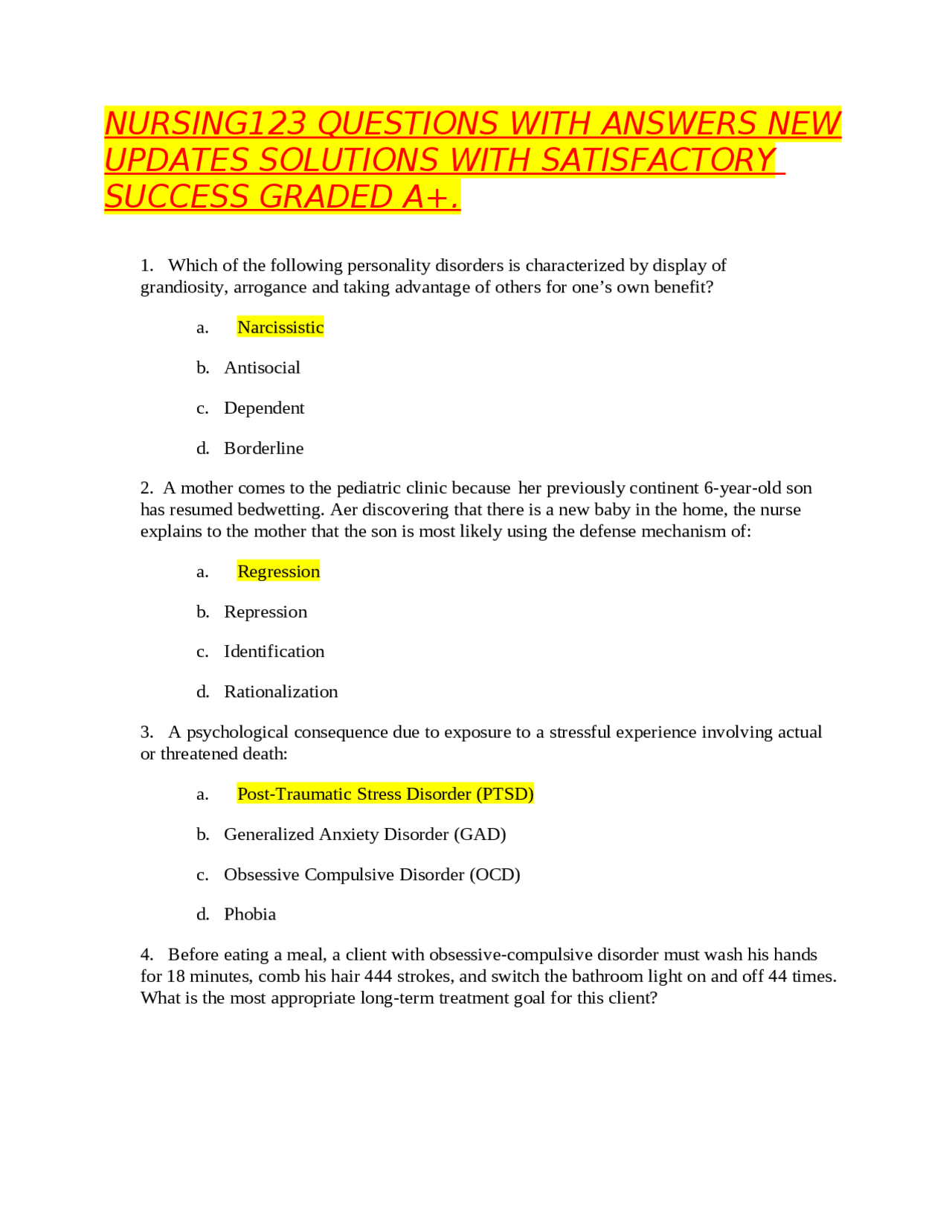 Nursing123 Questions and Answers on Personality Disorders and Mental ...