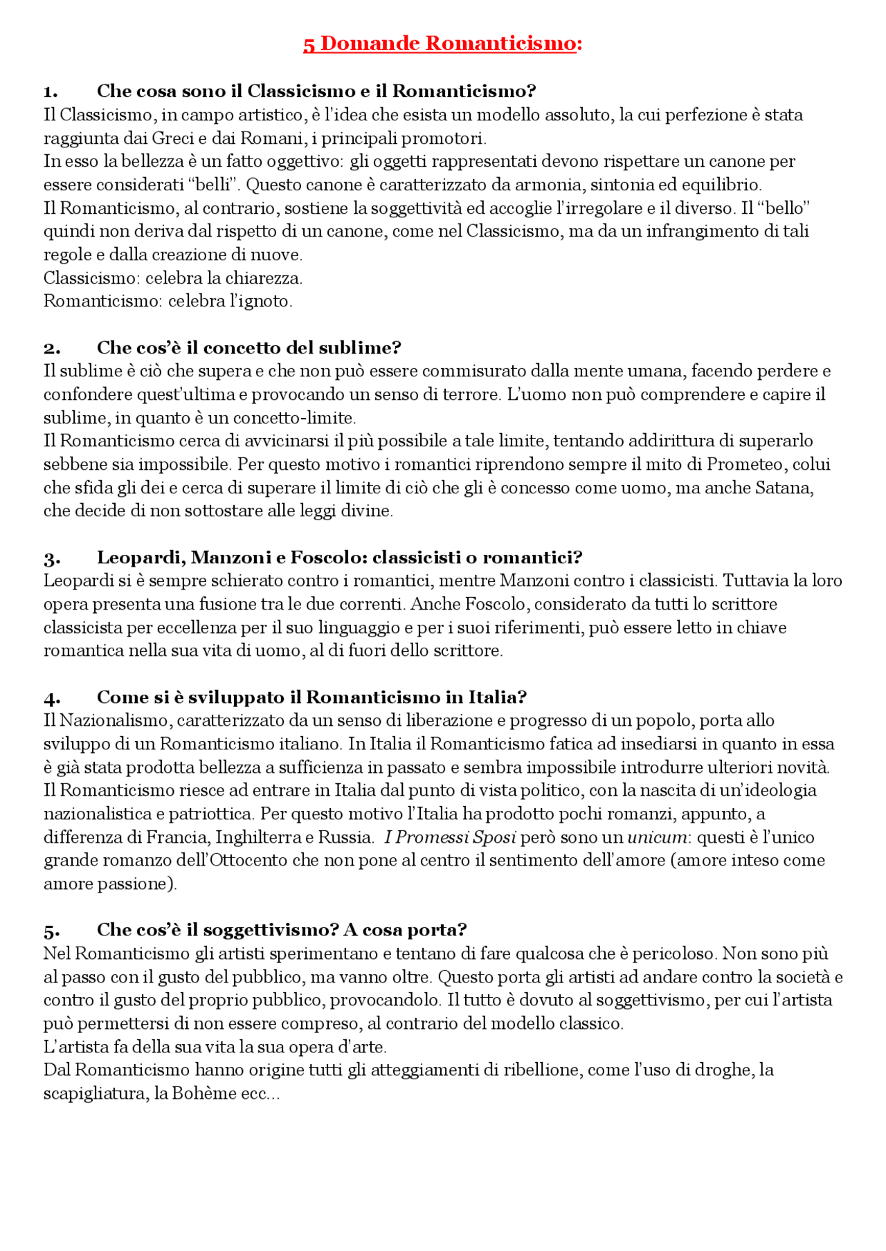 5 Domande-Risposte sul Romanticismo nella Letteratura Italiana | Dispense di Italiano | Docsity