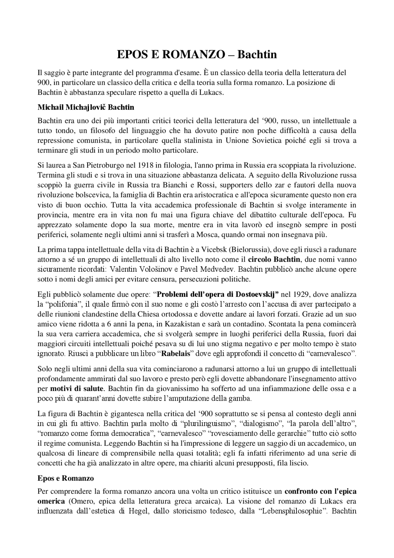 Epos e romanzo - Michail Bachtin (Teoria della Letteratura) | Appunti di Teoria della ...