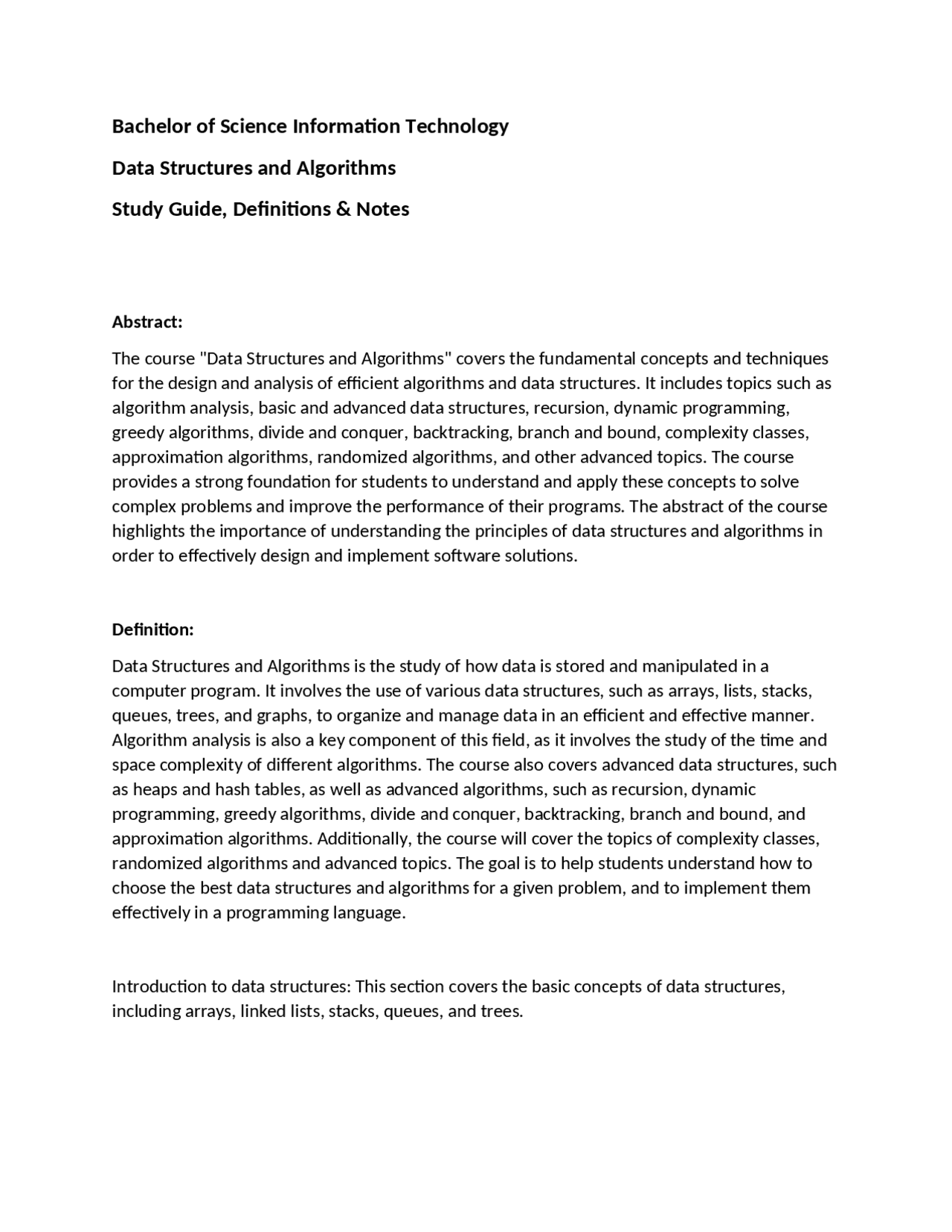 Data Structures and Algorithms | Study Guides, Projects, Research ...