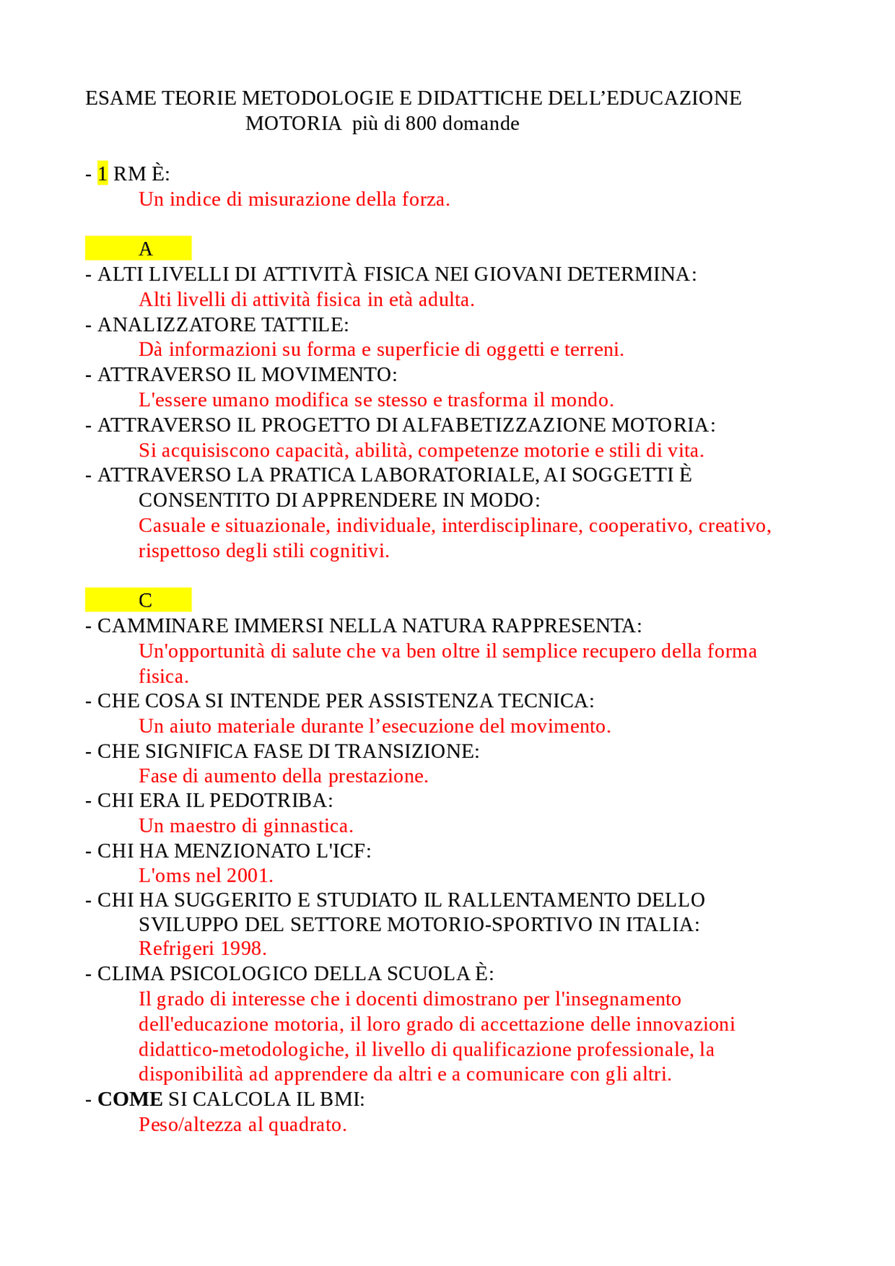 Esame Teorie, metodologie e didattiche dell'educazione motoria | Prove d'esame di Scienze ...