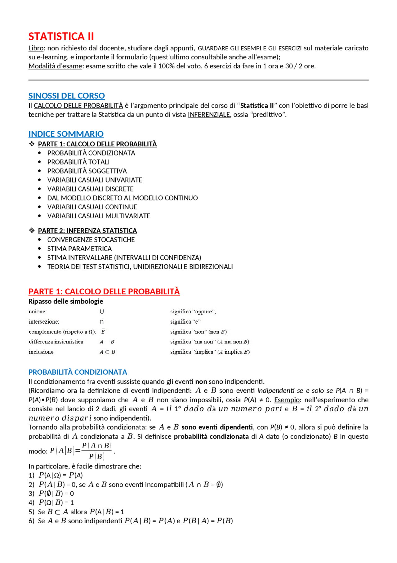 STATISTICA II (STATISTICA INFERENZIALE) | Appunti di Statistica Inferenziale | Docsity
