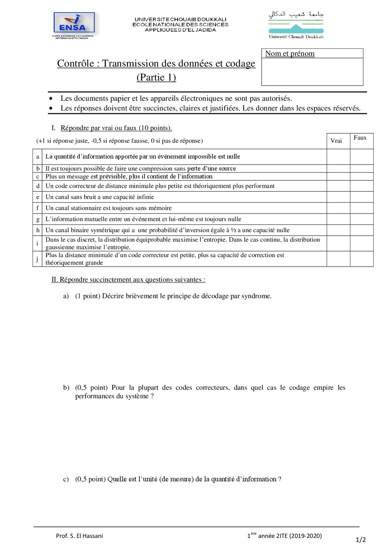 Contrôle : Transmission des données et codage | Exams Information and ...