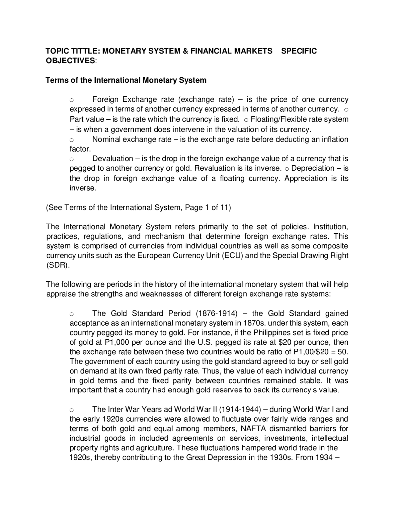 Monetary System And Financial Markets Lecture Notes Business Economics