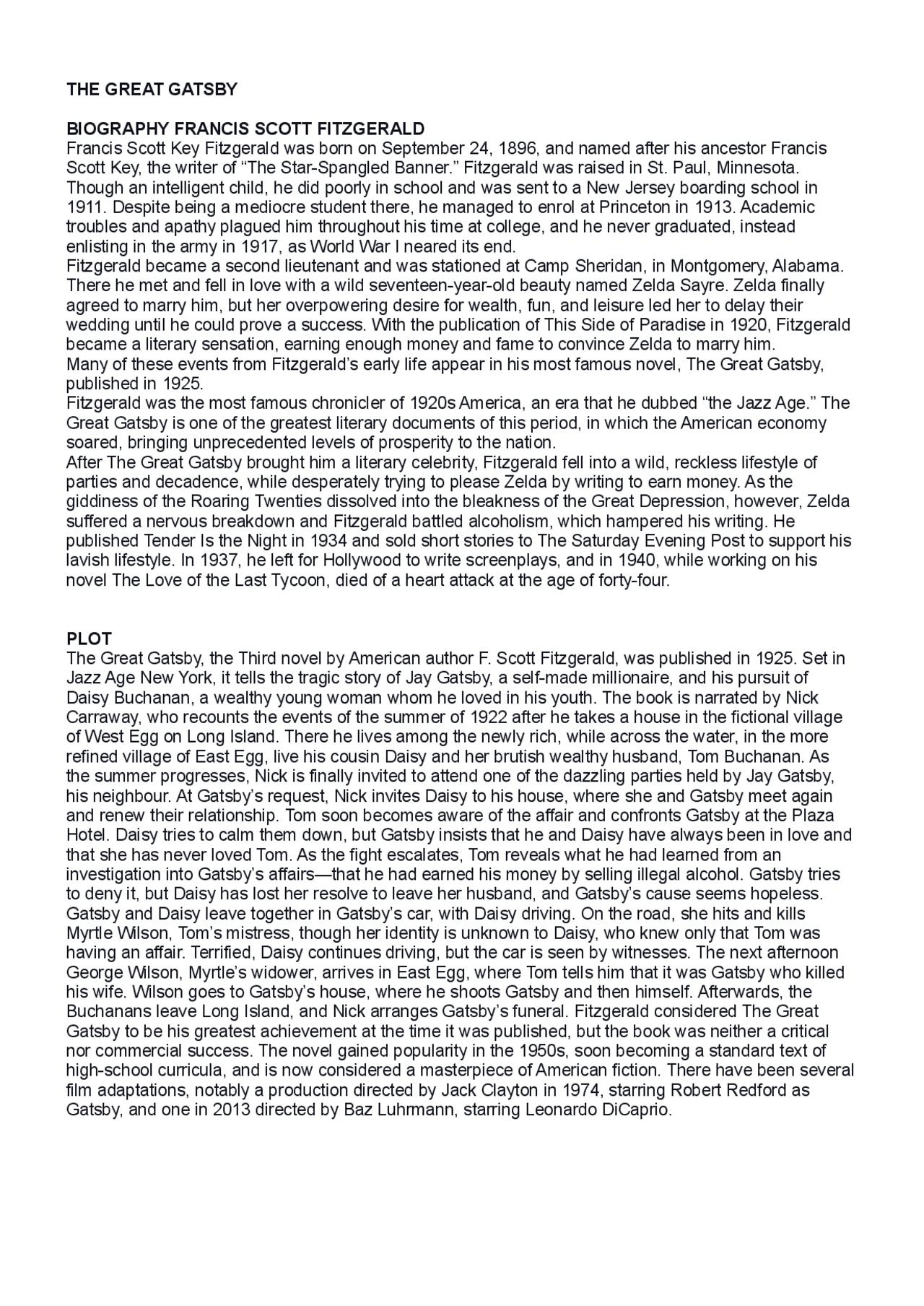 THE GREAT GATSBY ANALYSIS | Appunti di Inglese | Docsity