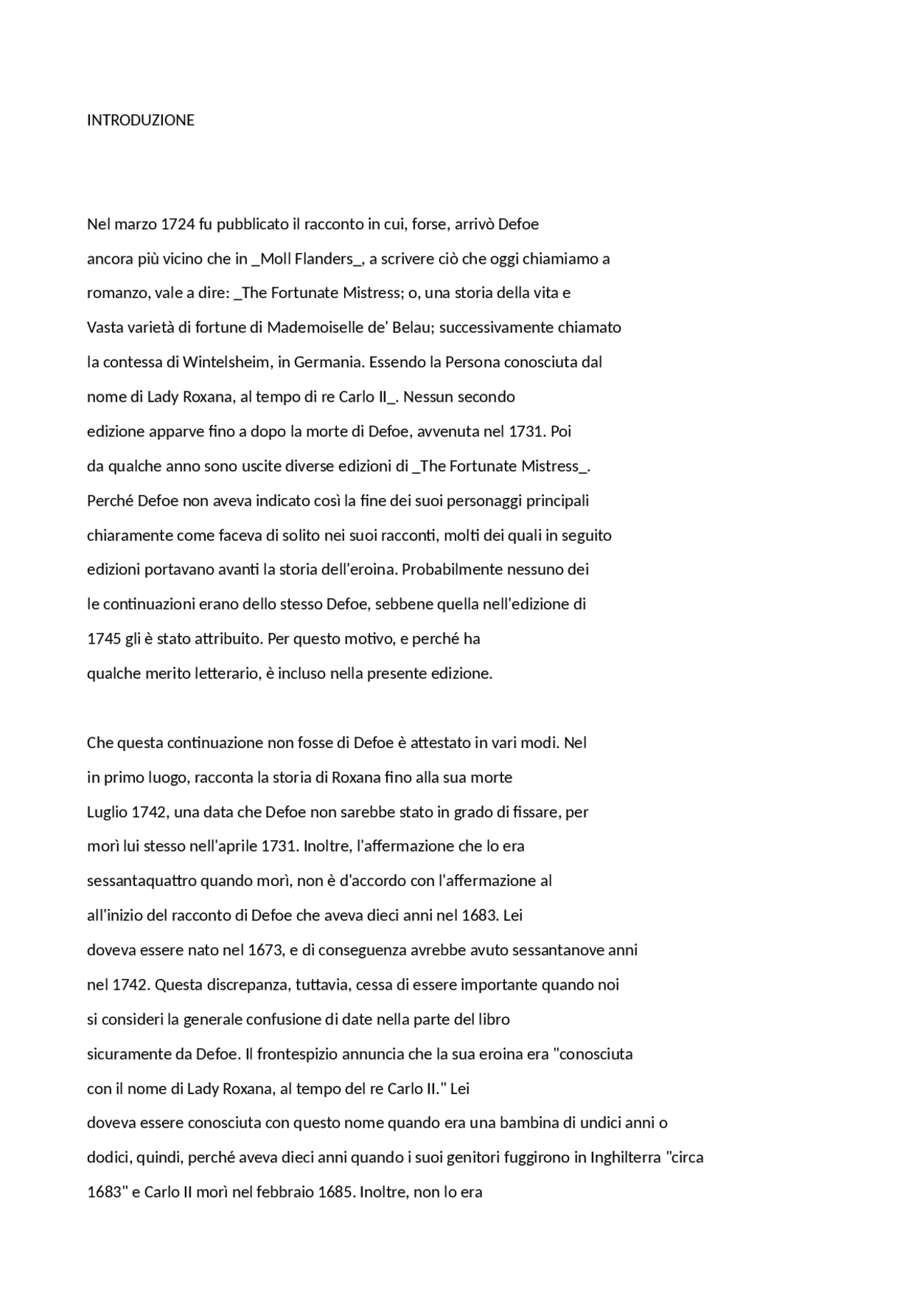 Traduzione amatoriale di roxana di daniel defoe | Traduzioni di Letteratura Inglese | Docsity