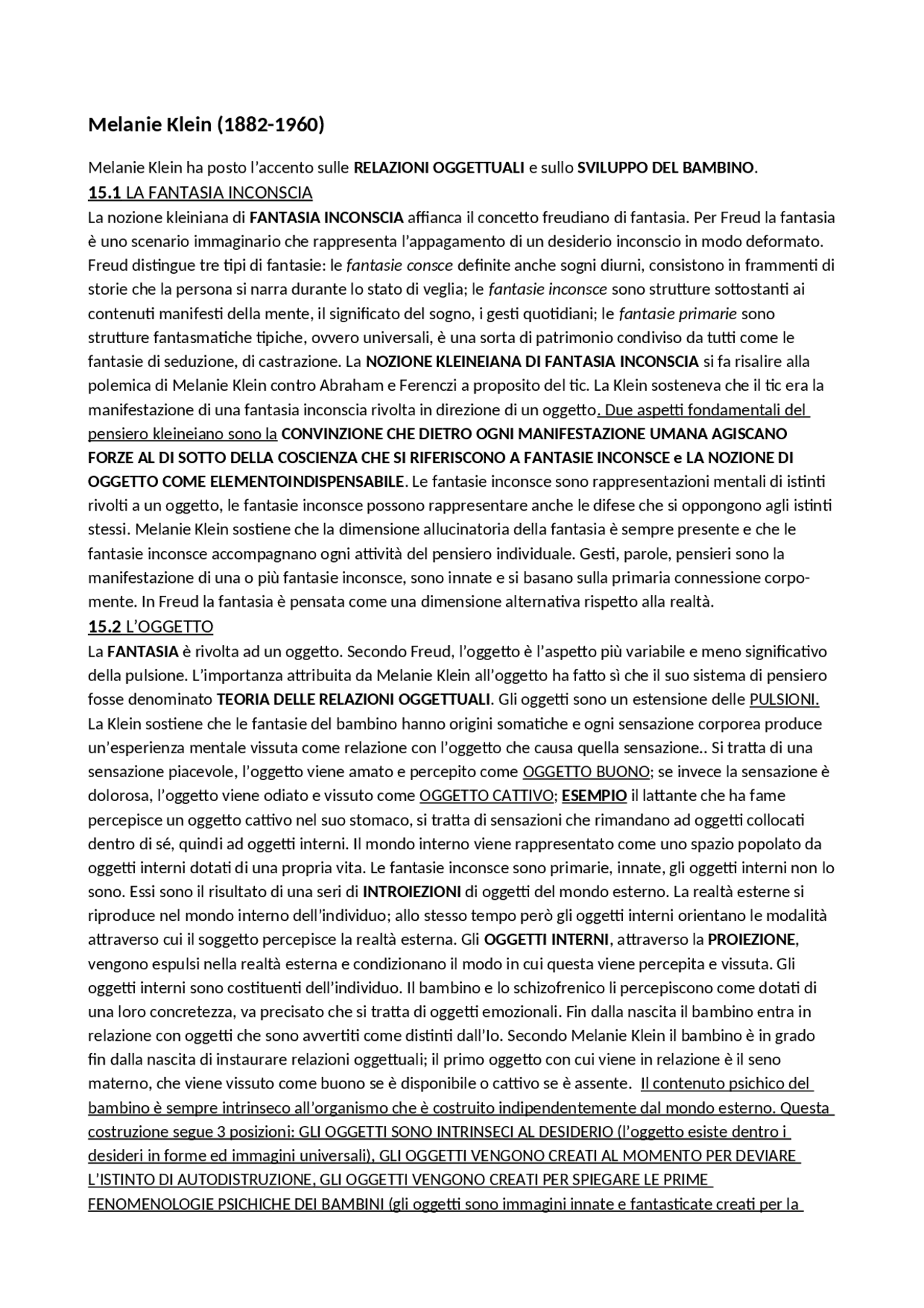 Melanie Klein Riassunto Completo Appunti Di Pedagogia Docsity