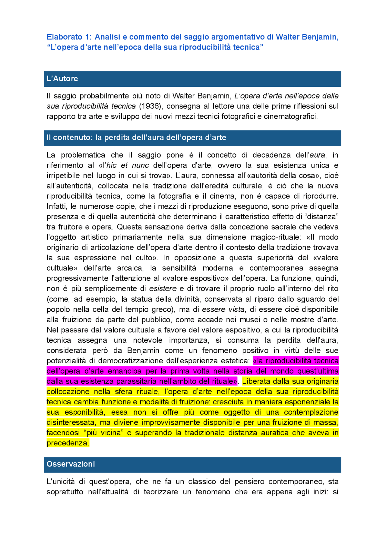 Analisi E Commento Del Saggio Argomentativo Di Walter Benjamin L