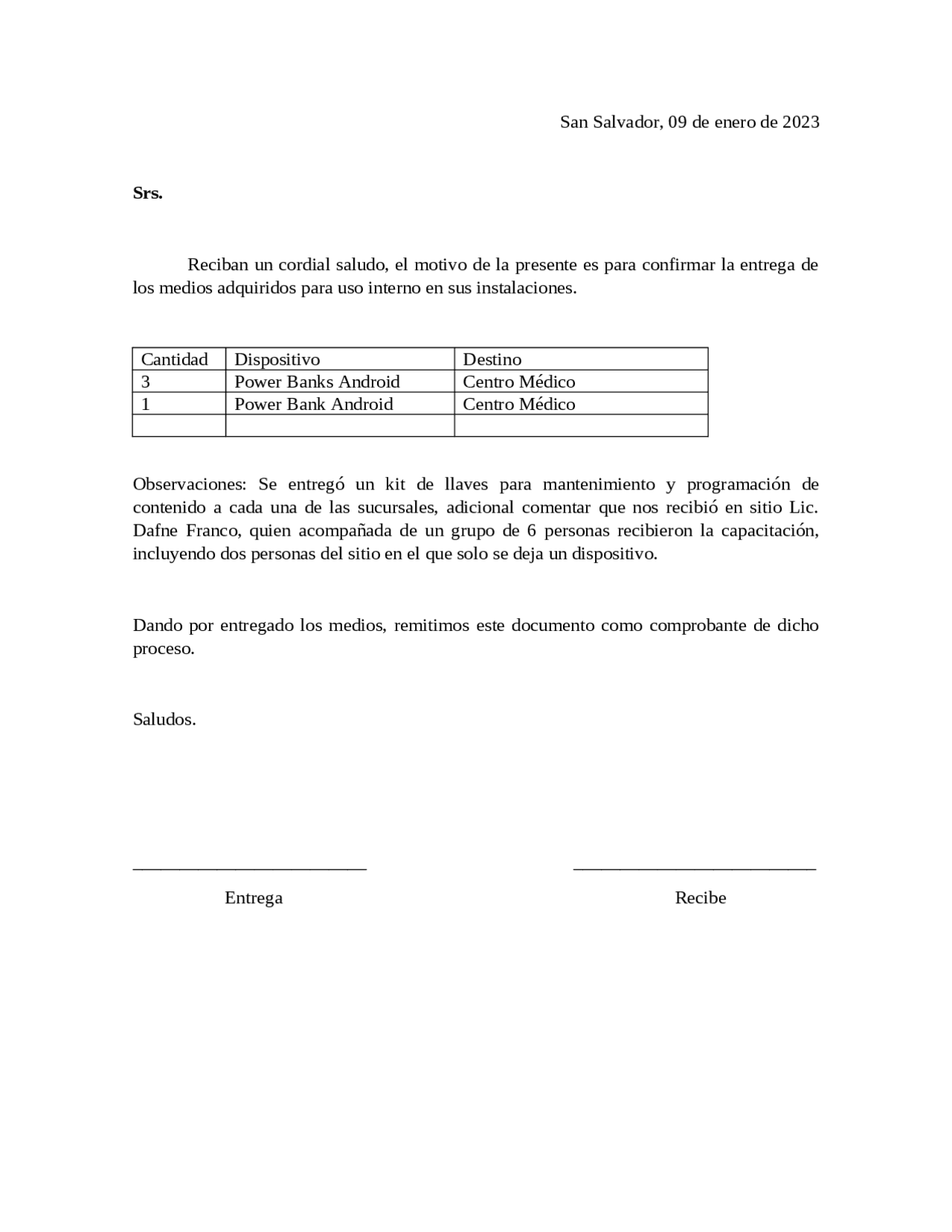 Ejemplo de Carta de entrega | Ejercicios de Comunicación | Docsity