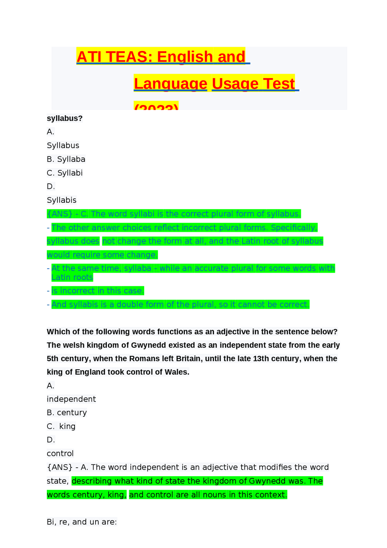 ATI TEAS: English and Language Usage Test (2023) | Exams Nursing | Docsity