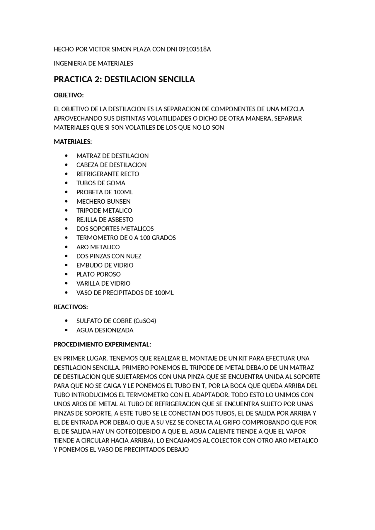 Practica de laboratorio de quimica | Ejercicios de Química | Docsity