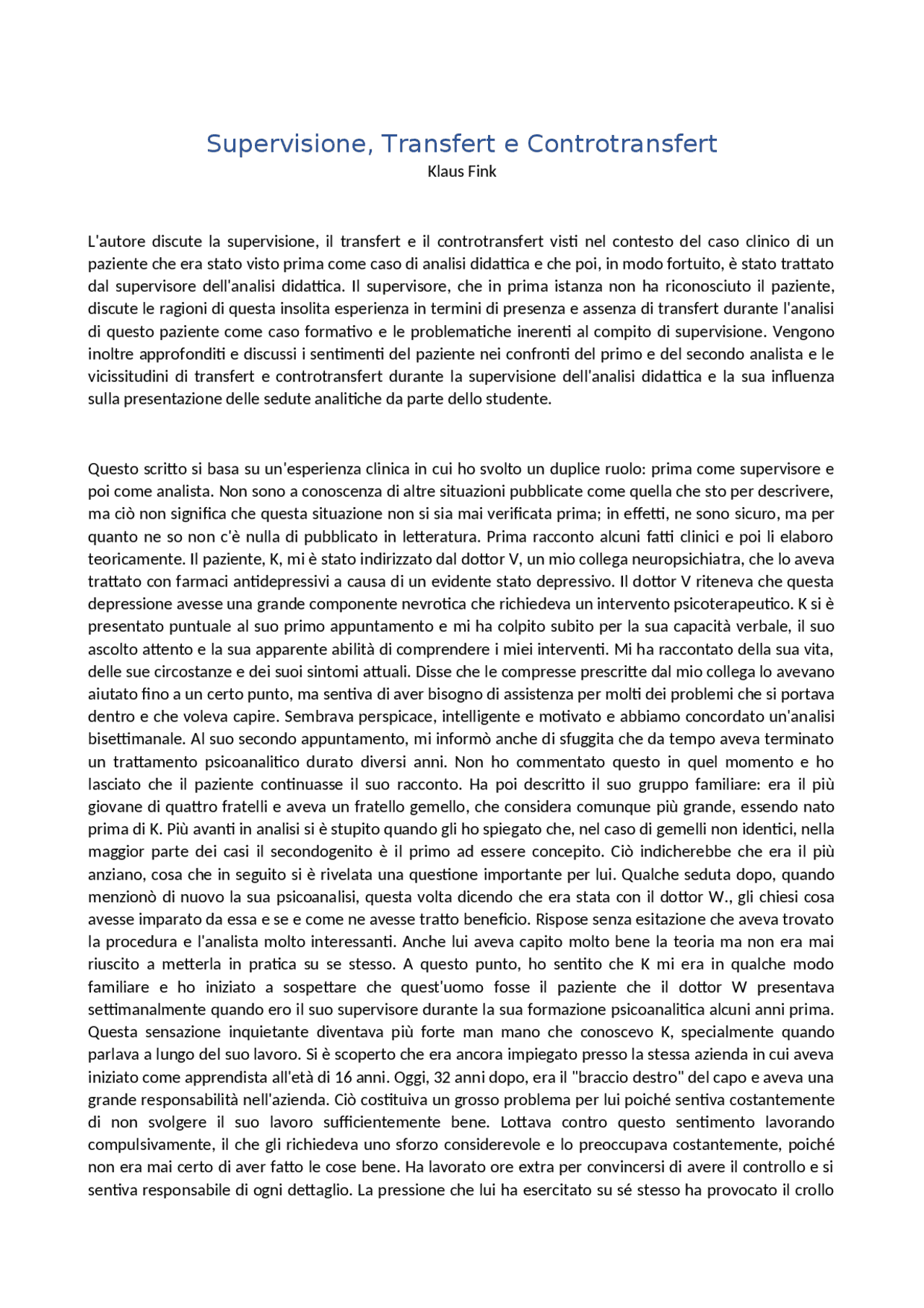 Traduzione Articolo Supervisione transfert controtransfert (Fink ...