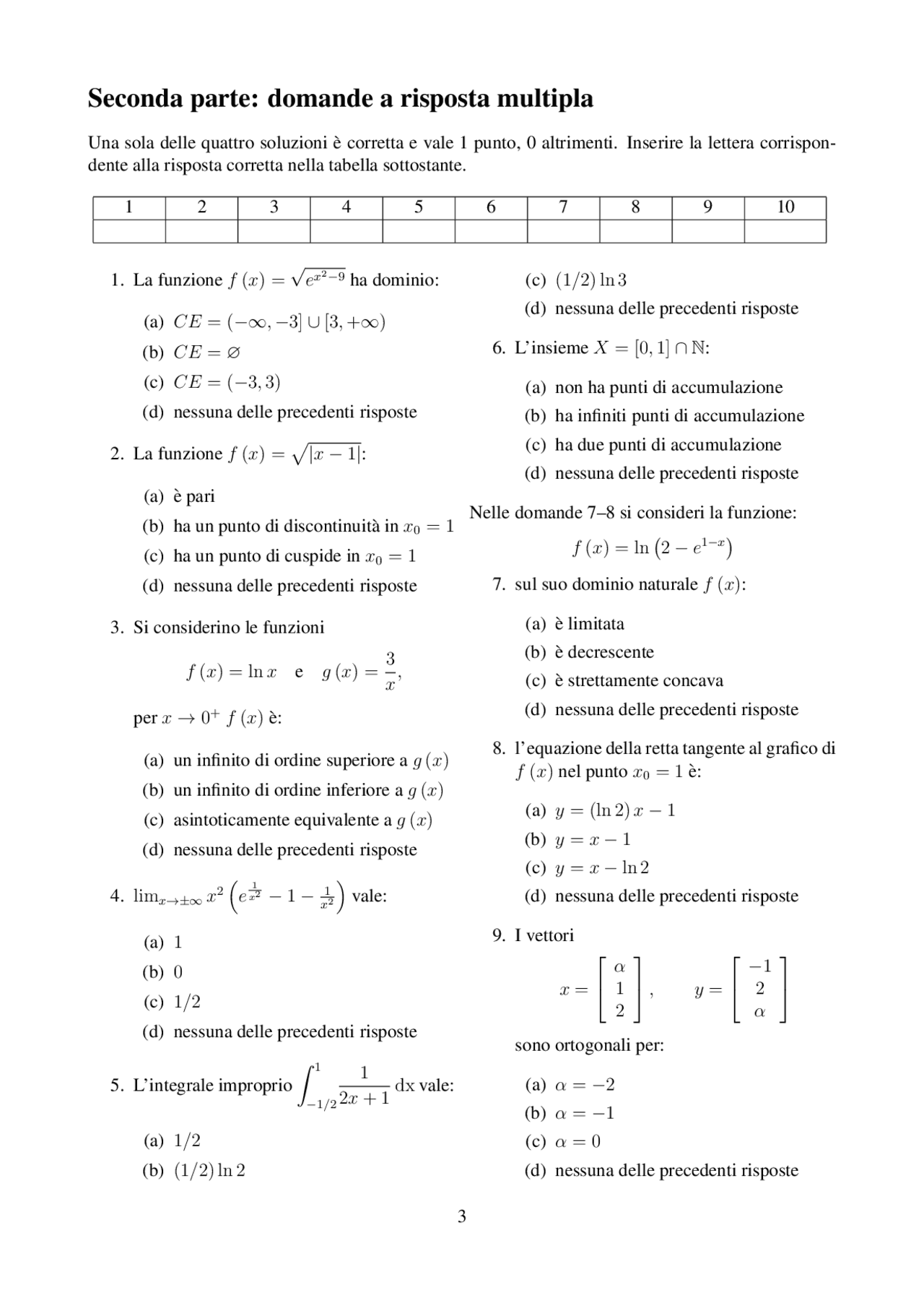 Prova d’esame matematica | Prove d'esame di Matematica Per L'economia | Docsity
