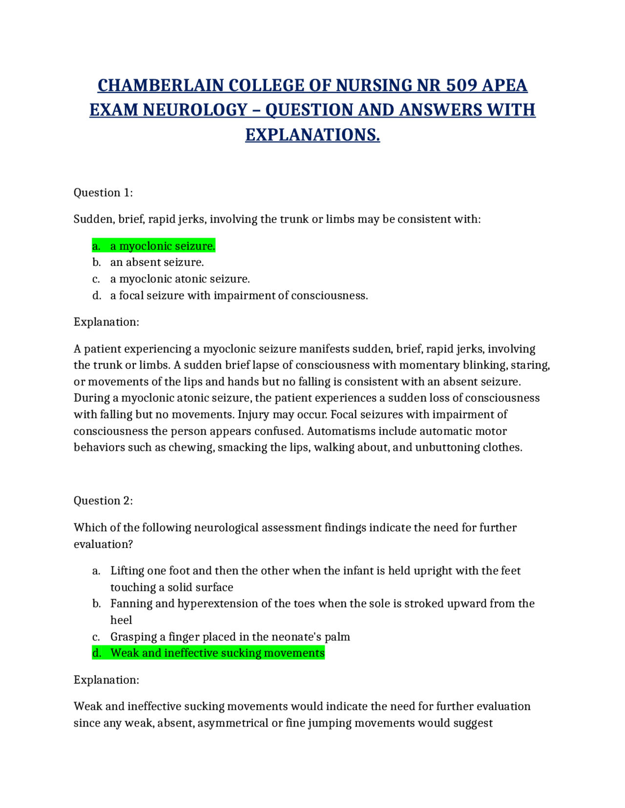 CHAMBERLAIN COLLEGE OF NURSING NR 509 EXAM NEUROLOGY – QUESTION AND ...