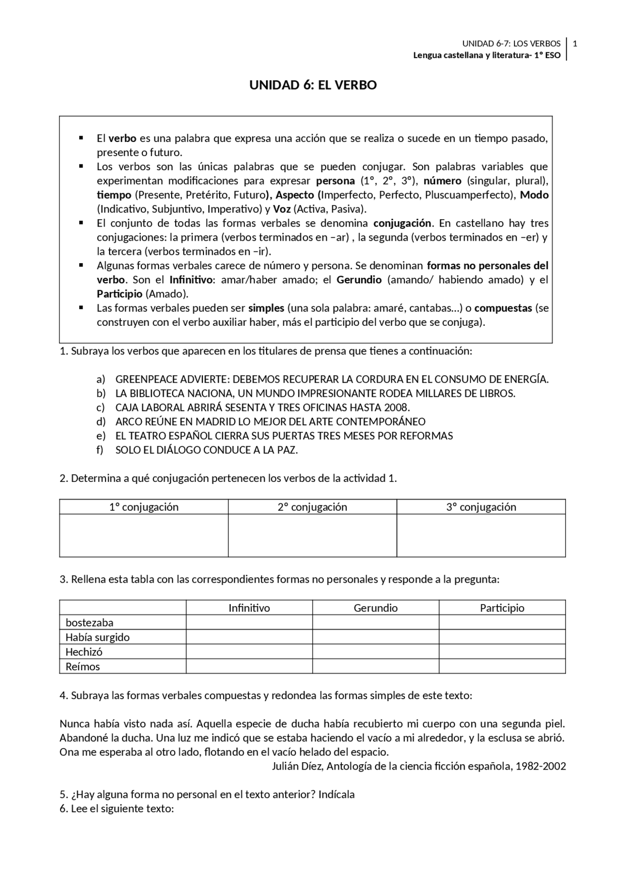 Verbos conjugación y ejercicios | Ejercicios de Lengua y Literatura ...