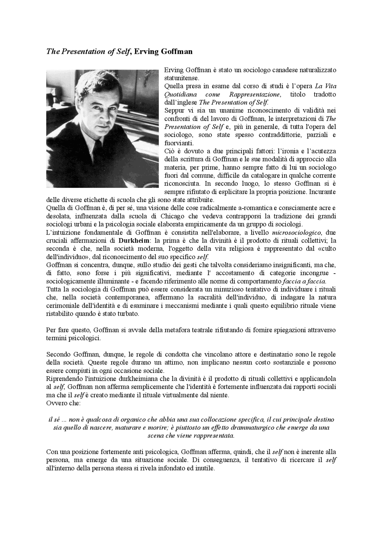 The Presentation of Self, Erving Goffman - Riassunto, Sintesi del corso ...