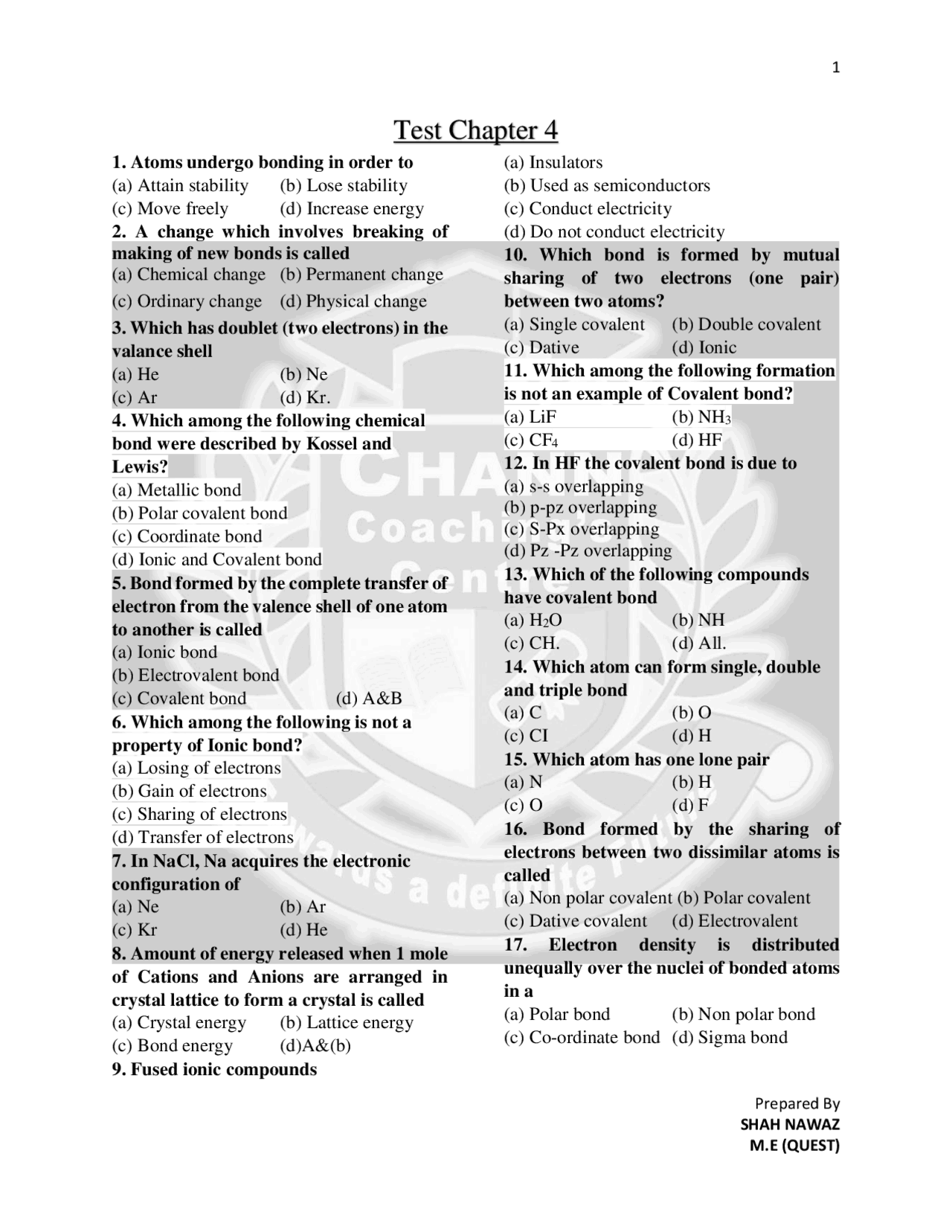 Chemical Bonding MCQs with Key | Exercises Chemistry | Docsity