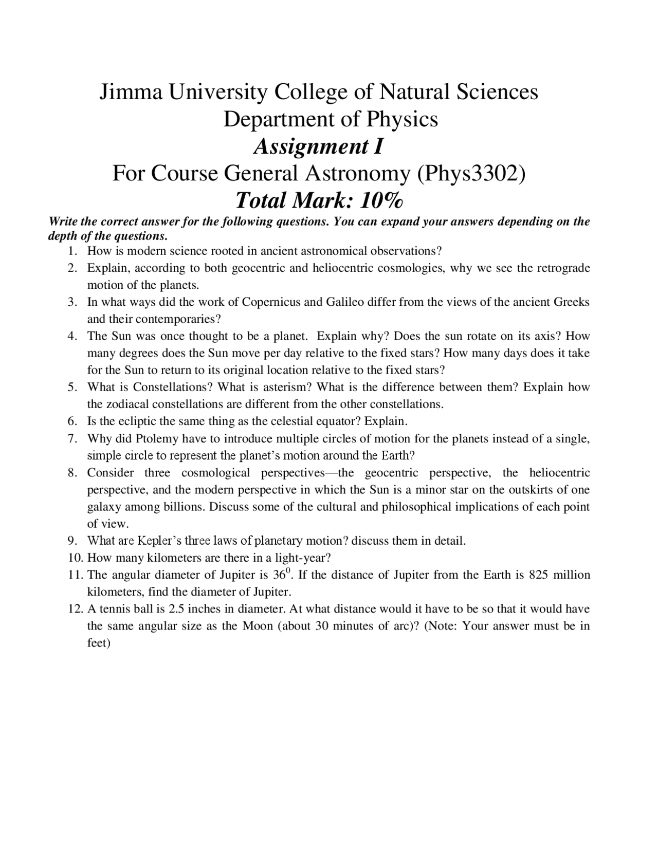 General Astronomy Assignment Lecture Notes Physics Docsity