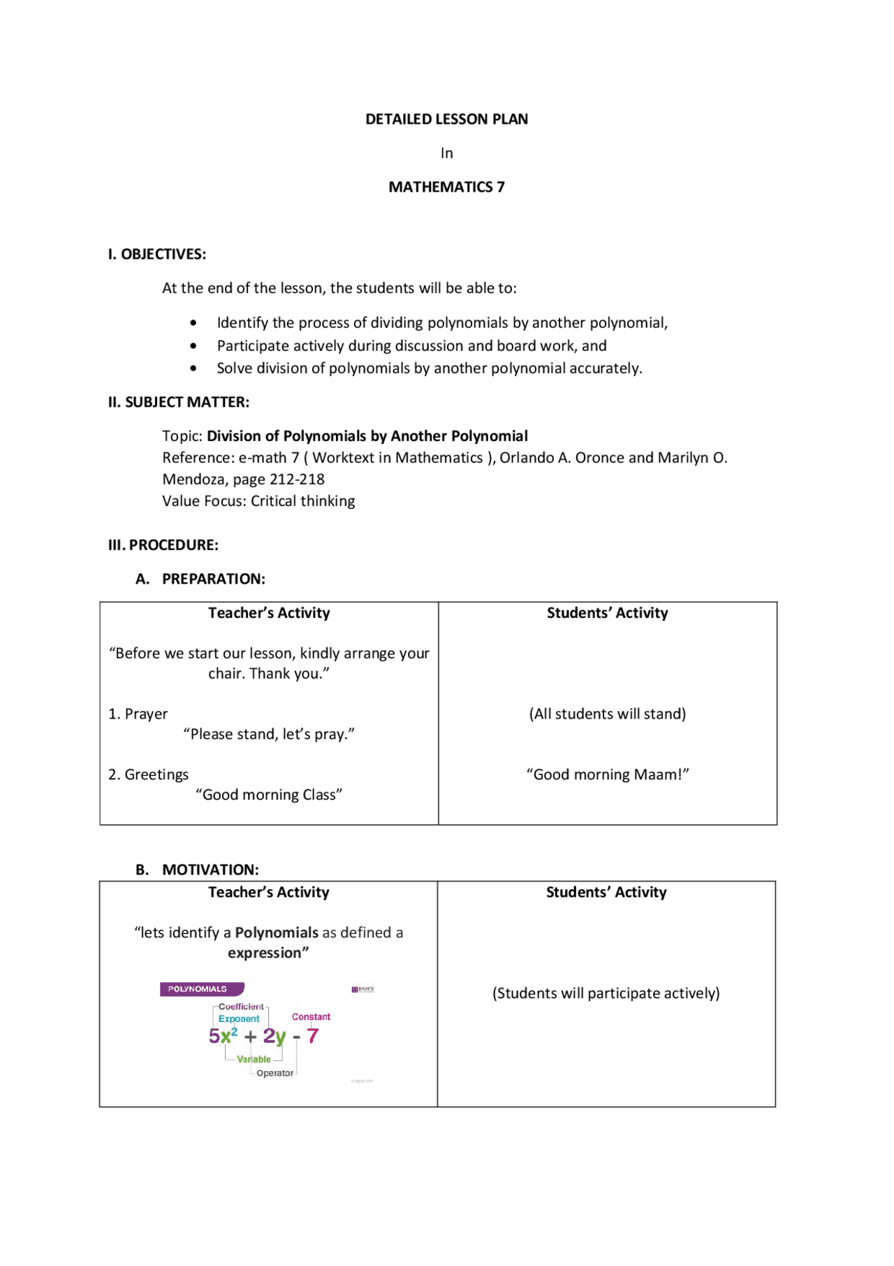 Dividing Polynomial By Another Polynomial Lecture Notes Mathematics