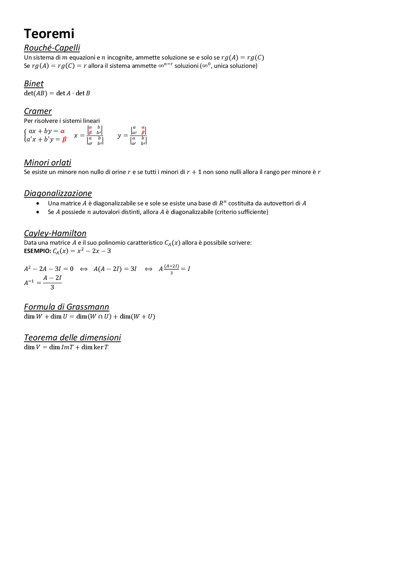 Teoremi E Proprietà Dellalgebra Lineare Formulari Di Algebra Lineare