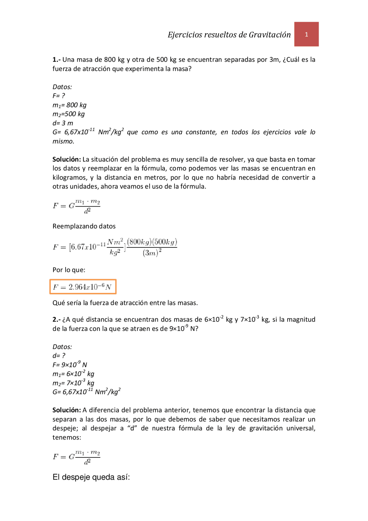 Ejercicios resueltos de Gravitacion | Ejercicios de Física | Docsity