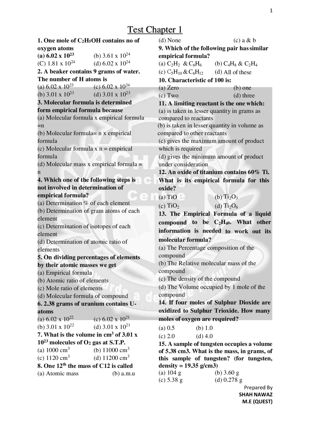 Introduction to Chemistry MCQs with Key | Exercises Chemistry | Docsity
