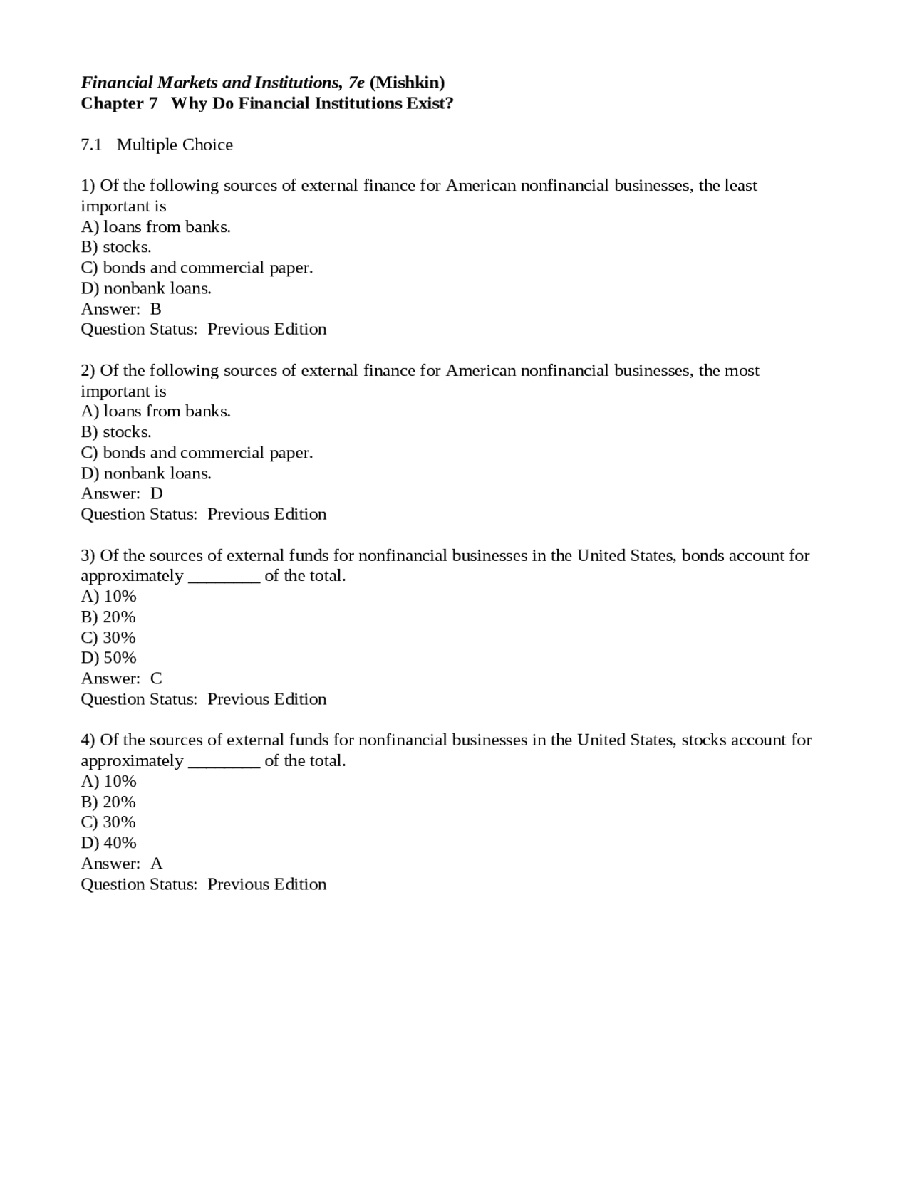 Ch.7 Test Bank for the financial markets and institutions | Exercises ...