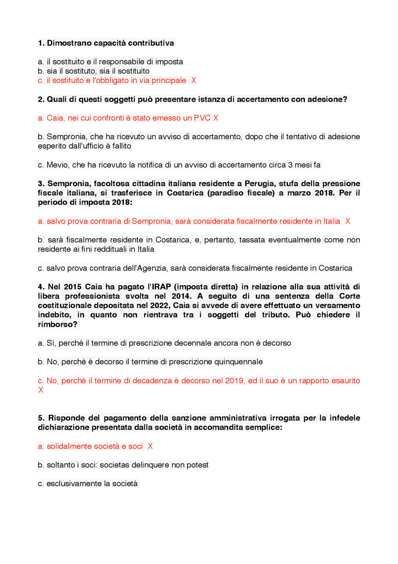 Esercizi e domande diritto tributario | Prove d'esame di Diritto Tributario | Docsity