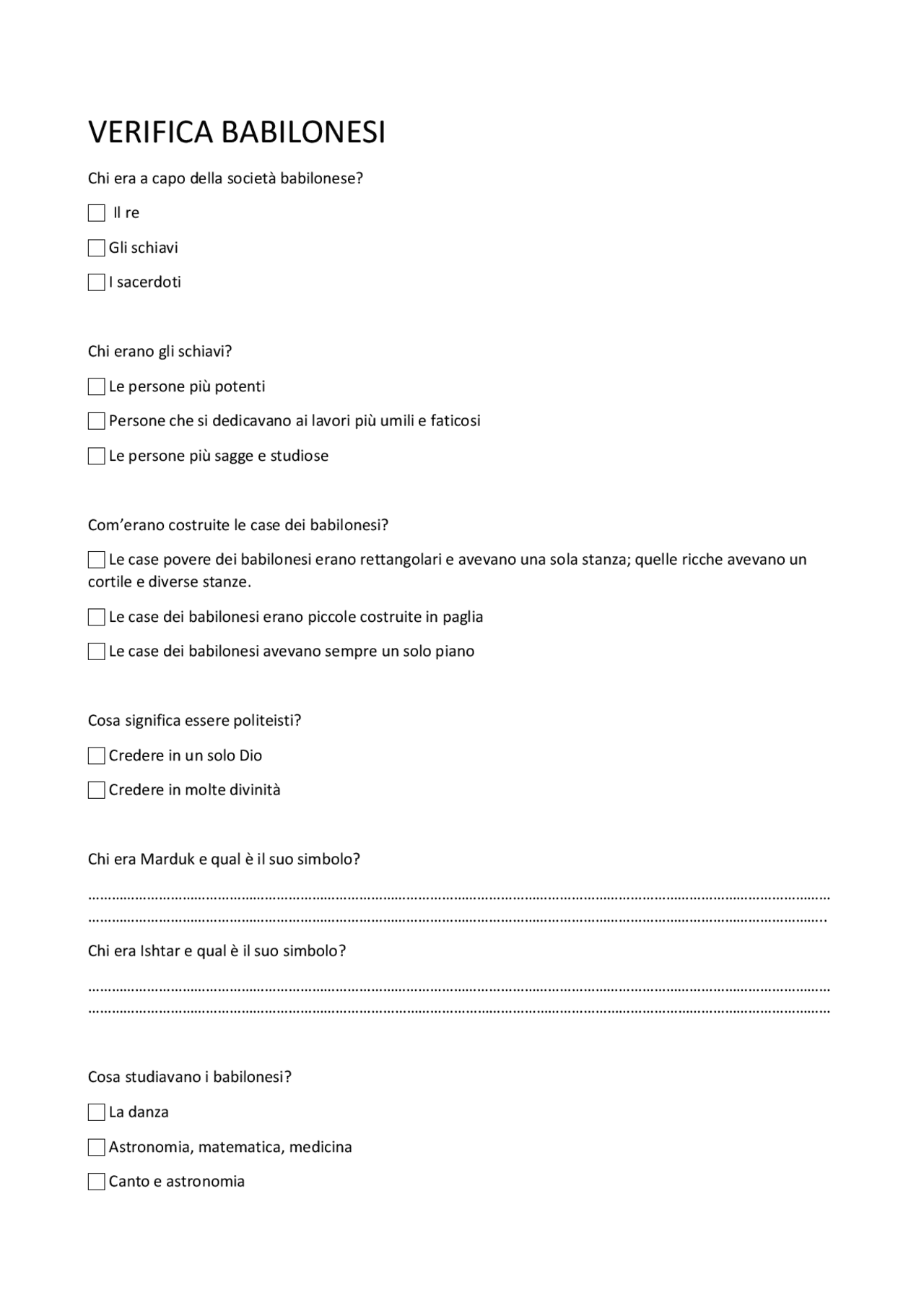 Verifica semplificata Babilonesi | Prove d'esame di Storia | Docsity