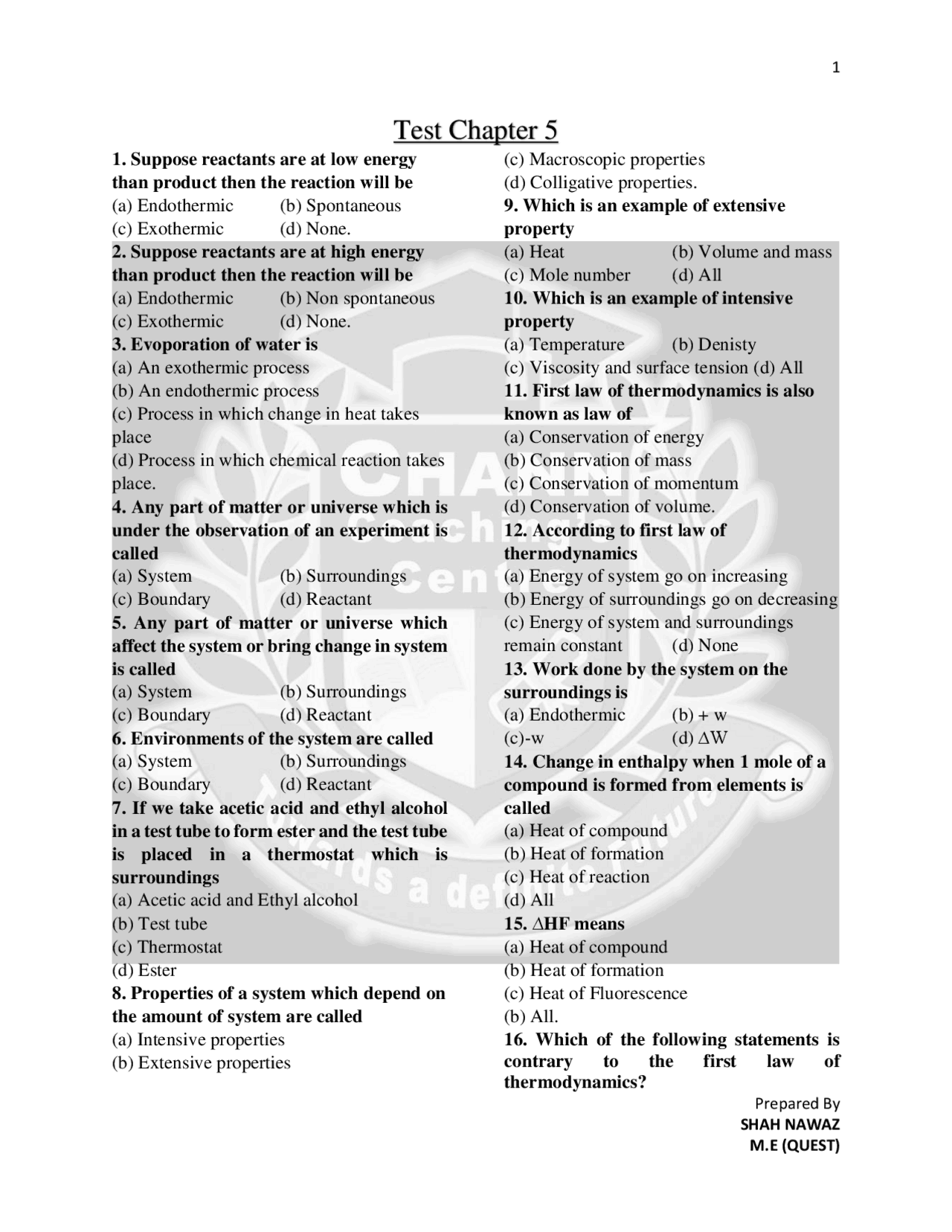 Chemical Equilibrium MCQs with Key | Exercises Chemistry | Docsity