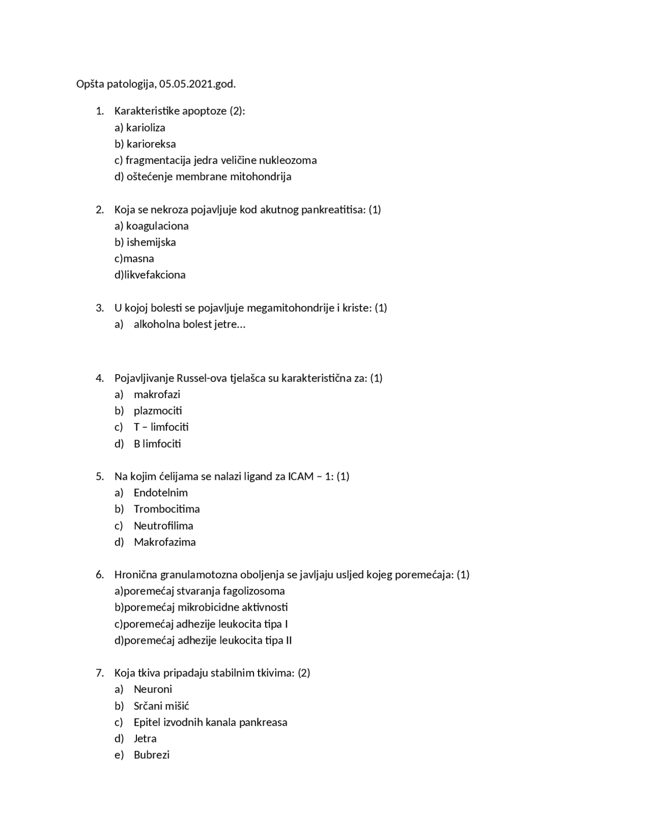 Testovi Opće Patologije Ispiti Predlog Patologija Docsity
